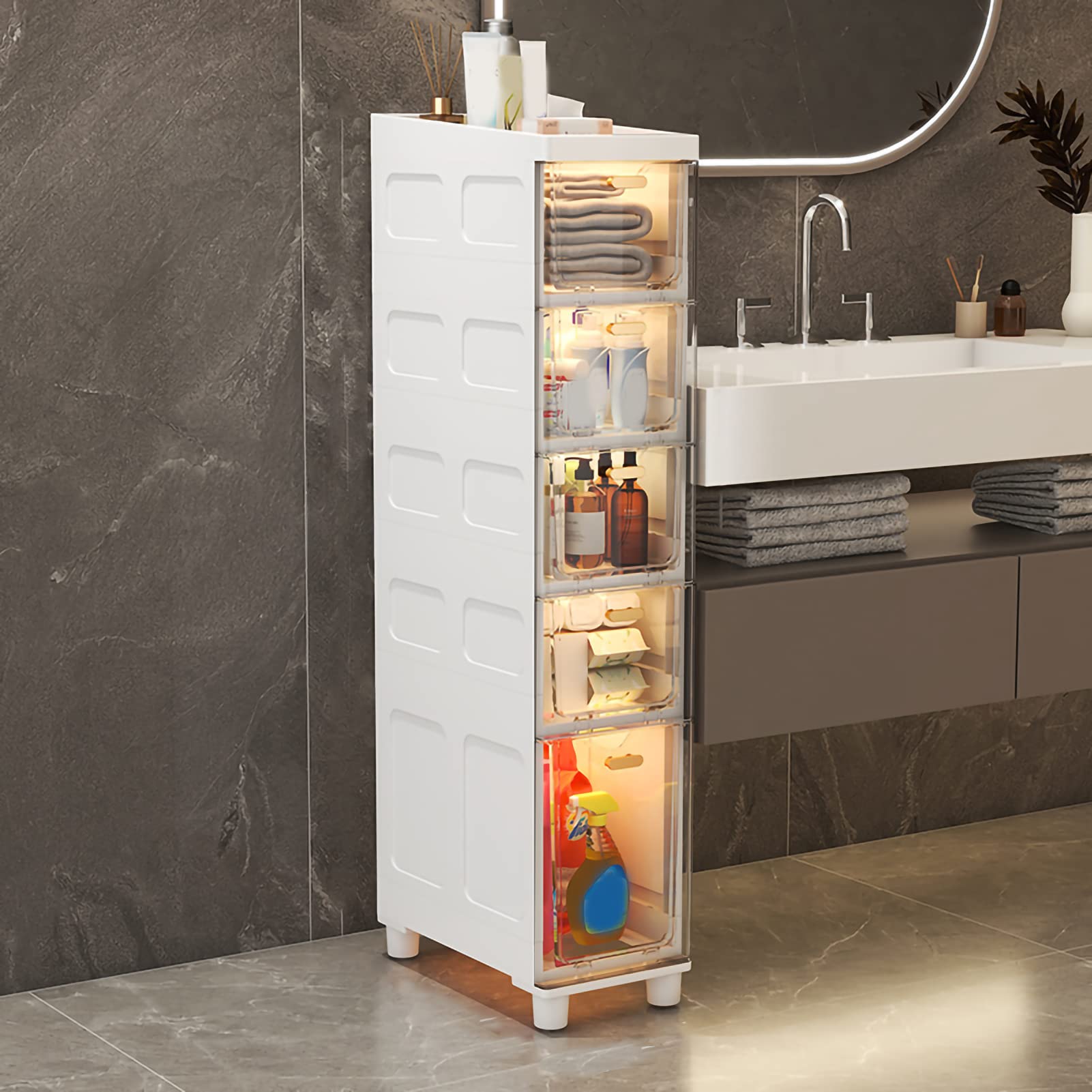 JUNGEDUI Slim Bathroom Cabinet Storage, Large Capacity Slim Storage Cabinet with Clear Plastic Drawers Casters Narrow Tall Slim Floor Cabinet for Small Spaces,7''W and 9''W