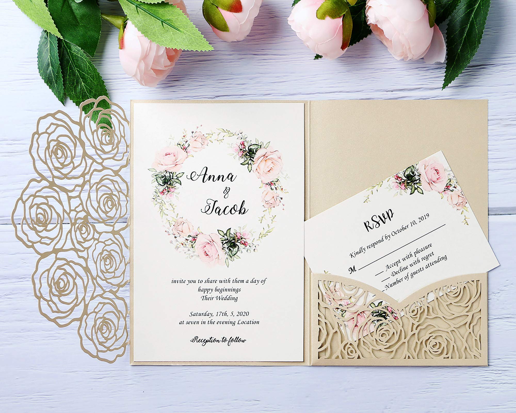 Rodvanvo 20 Pcs Laser Cut Wedding Invitations Card Pocket with Envelope for Birthday Party Baby or Bride Shower Invite suitable for 5 * 7 Inches Insert Paper (Champagne)