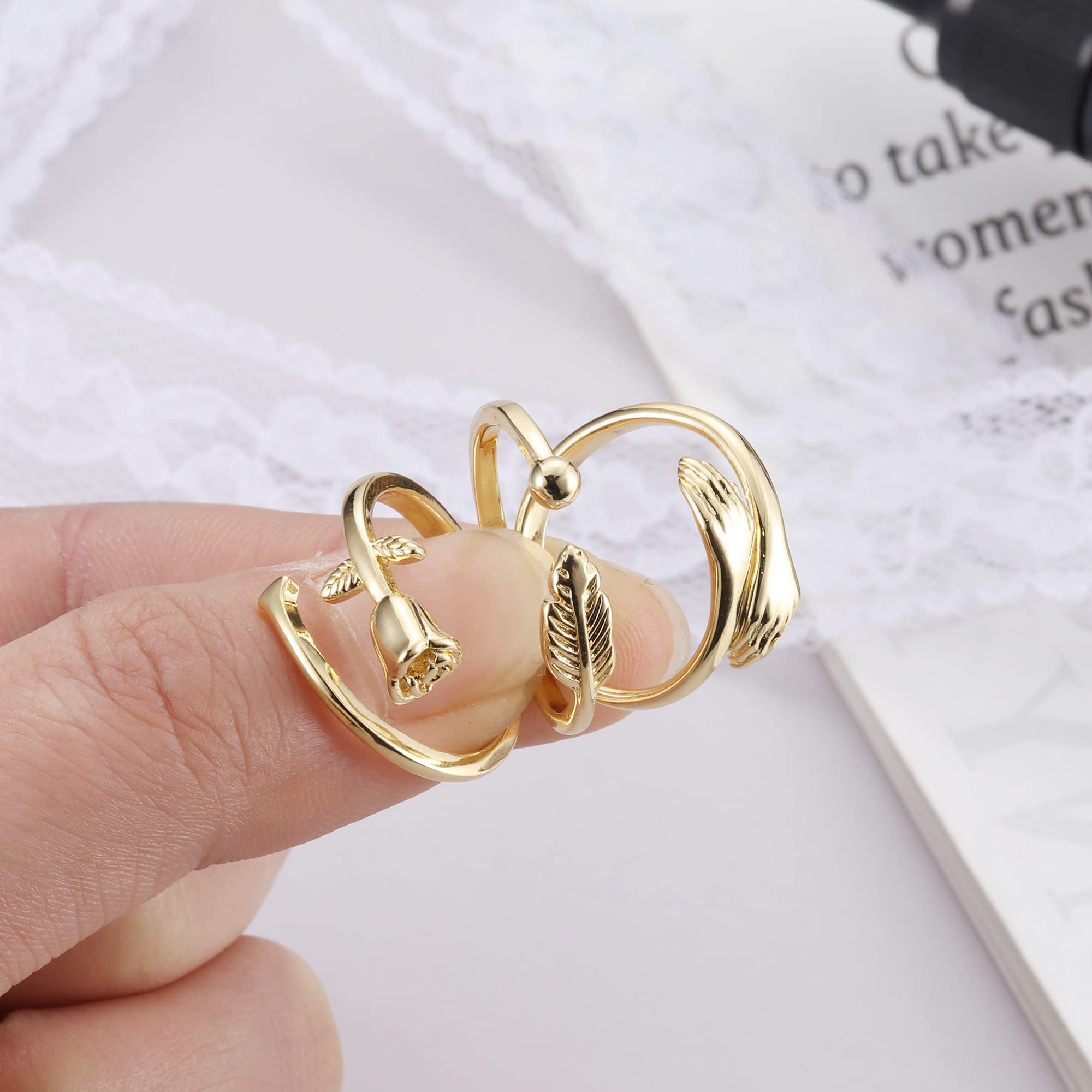 FASACCO 12Pcs Arrow Leaf Cross Hug Rings for Women Open Rings Set Adjustable Stackable Knuckle Thumb Rings 14K Gold Plated Heart Moon Star Joint Finger Rings Gold Tone