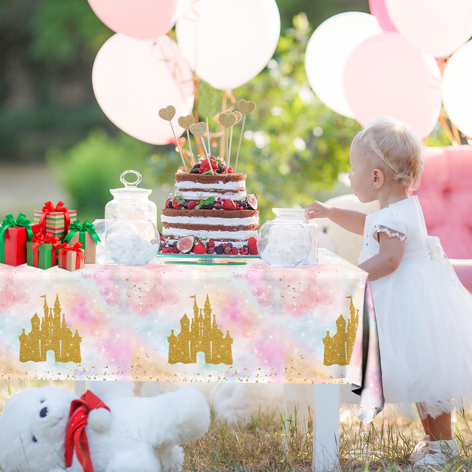 Juweked 3Pcs Princess Castle Tablecloth Rectangle Princess Table Cloth Pink Tablecloth Plastic Princess Table Decorations Pastel Table Cover Gold and Pink Princess Party Decor, 70.8" x 42.5"