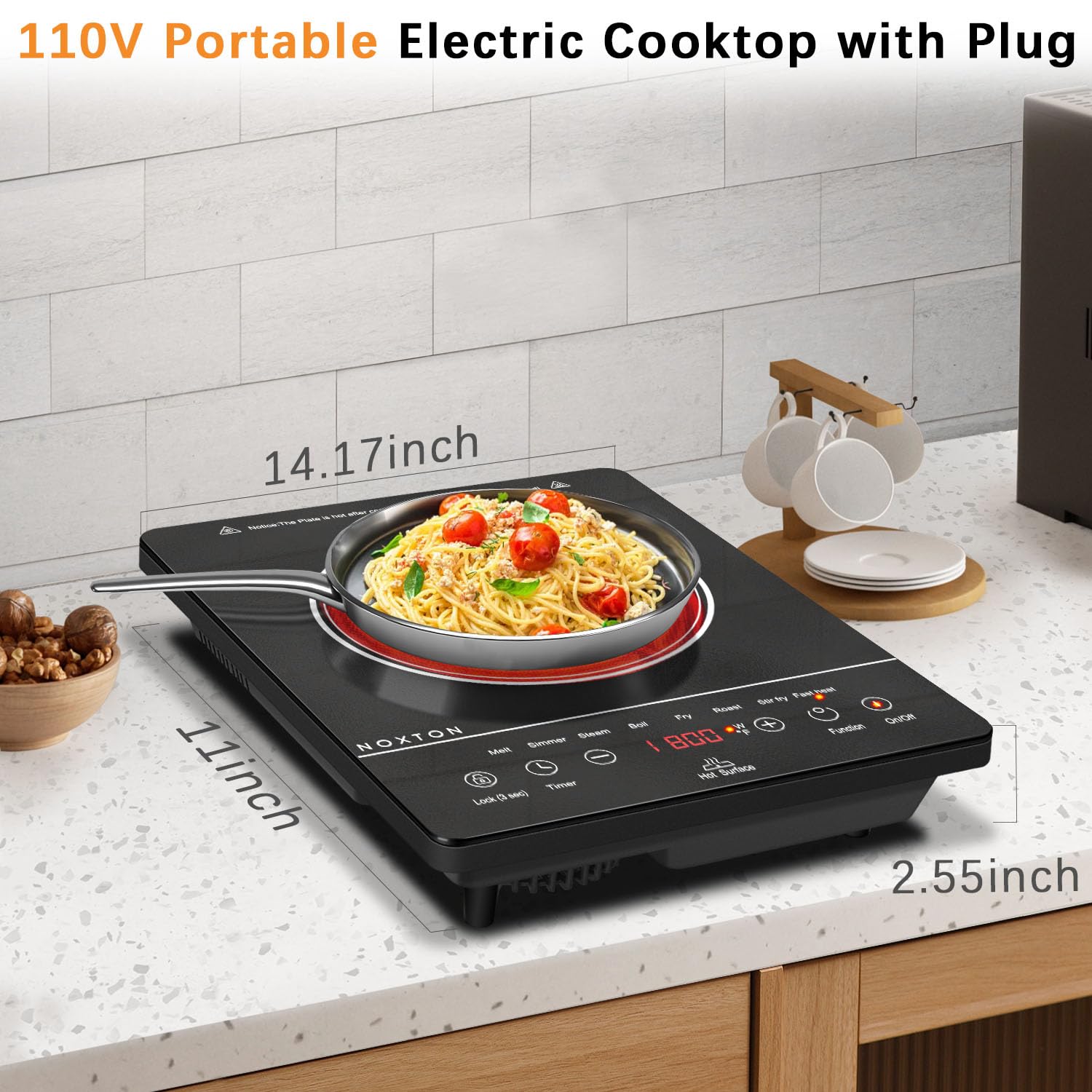 Noxton Portable Electric Stove, 1800W Electric Cooktop Single Burner Countertop with Child Safety Lock, Timer, Residual Heat Indicator, 110V Ceramic Infrared Hot Plate