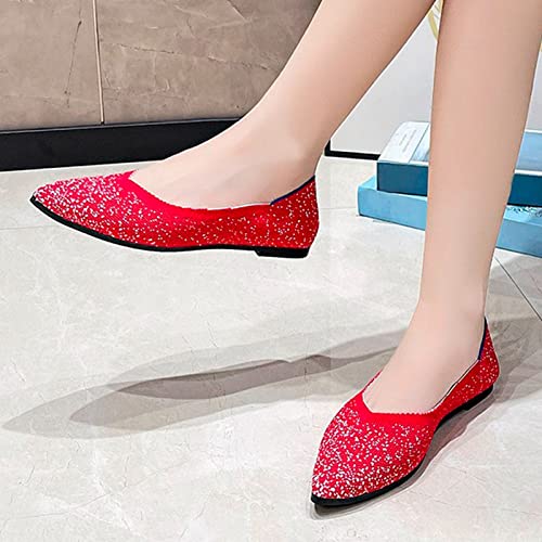 FASDNENDYS Fashion Autumn and Winter Women Casual Shoes Flat Pointed Toe Lightweight Knitted Mesh Breathable Solid Slip Sandal Red