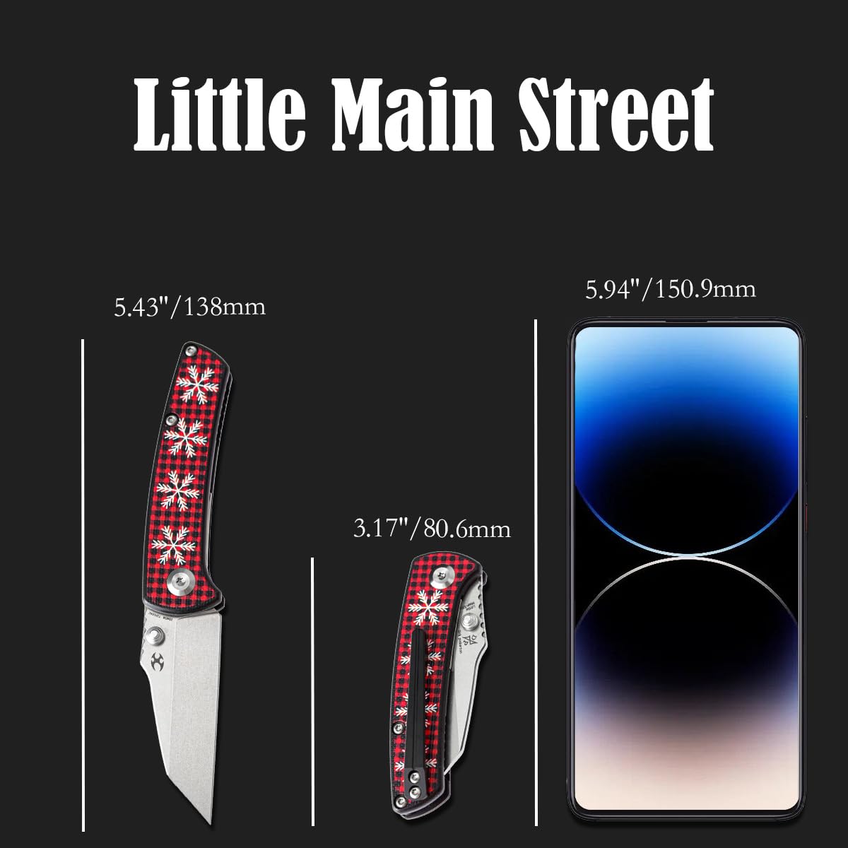 KANSEPT Mini Main Street Pocket EDC Pocket Knife 2.26'' 154CM Material Pocket Folding Knife withPlaid Red and Black G10 with Snowflake Print Handle EDC Box Opener Folding Knife T2015AC