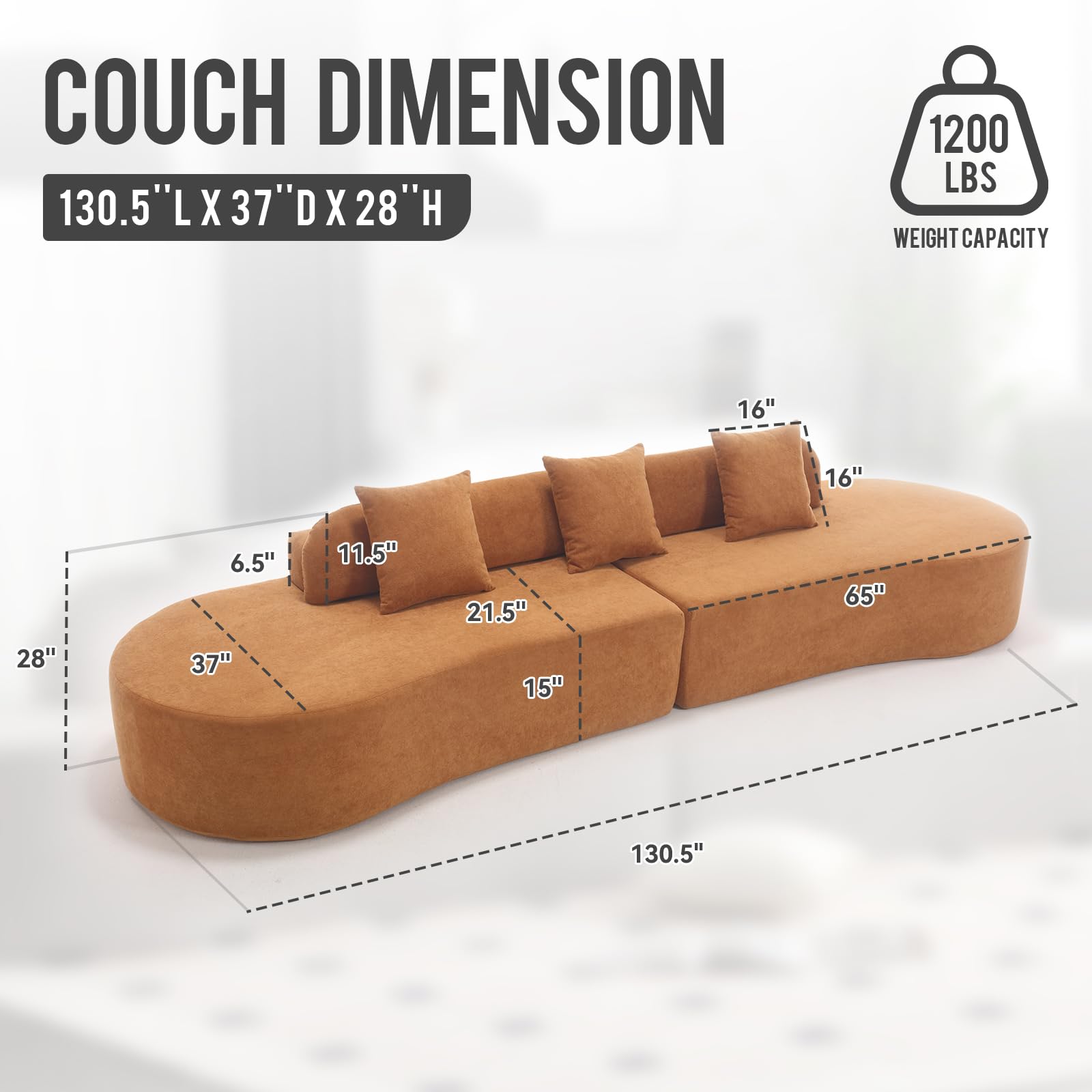 KarvinshCraft Curved Sectional Sofa, Modern Sectional Sofa with Terrycloth Fabric 4-Seater Oversized Curved Couch with 3 Pillows Modern Sofas for Living Room Apartment Bedroom Brown