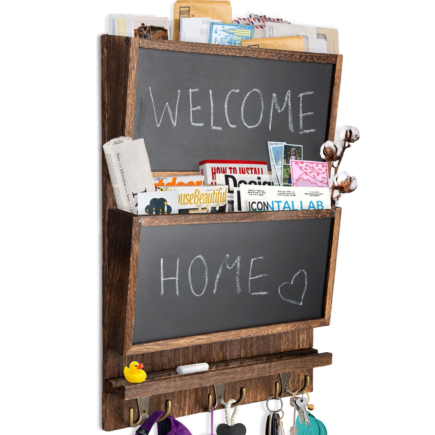 Rustic 2-Slot Mail Sorter Organizer for Wall with Chalkboard Surface & 3 Double Key Hooks - Wooden Wall Mount Mail Holder Organizer – Wall Décor for Entryway Made of Paulownia Wood - Rustic Brown