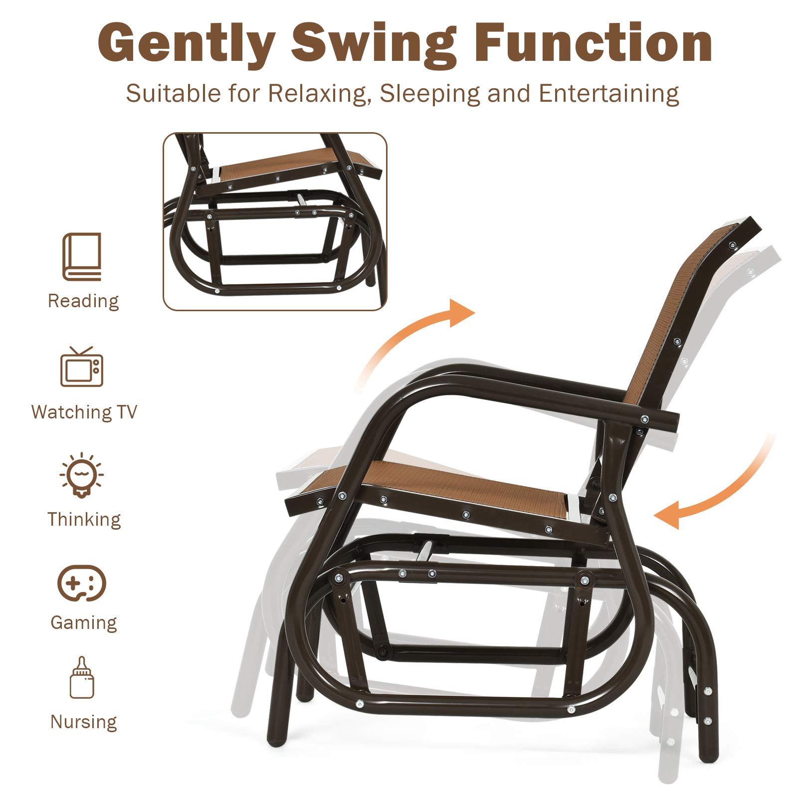 S AFSTAR Outdoor Patio Glider Chairs Set of 2, Porch Glider Swing with Breathable Mesh Fabric and Sturdy Steel Frame, Load Capacity 330LBS, Single Glider Chair for Outside Garden Backyard (Brown)