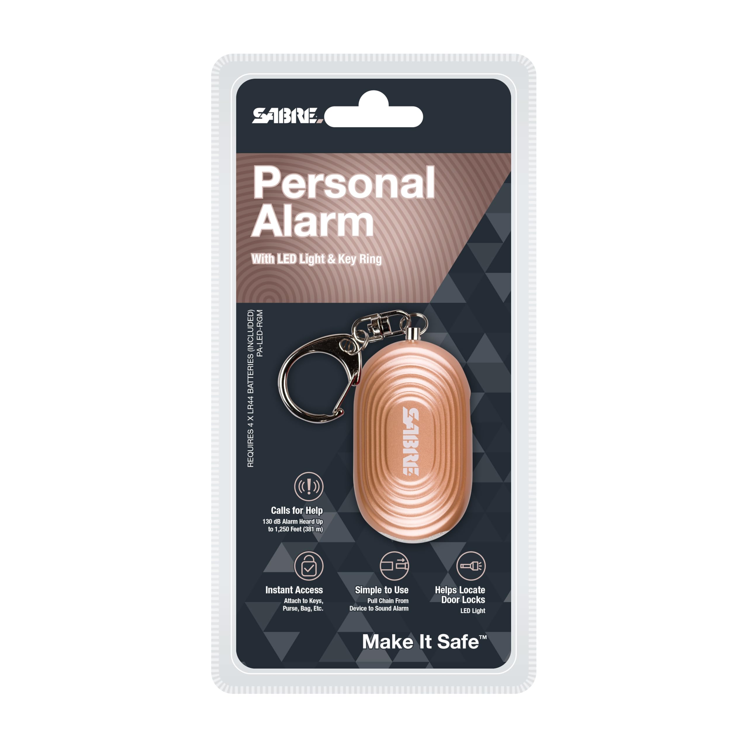 SABRE 2-in-1 Personal Alarm with LED Light, 130dB Personal Safety Siren, Snap Hook for Instant Access, 1,250 Foot (381 Meters) Range, Compact Design for Easy Attachment to Purse, Bag, or Keys