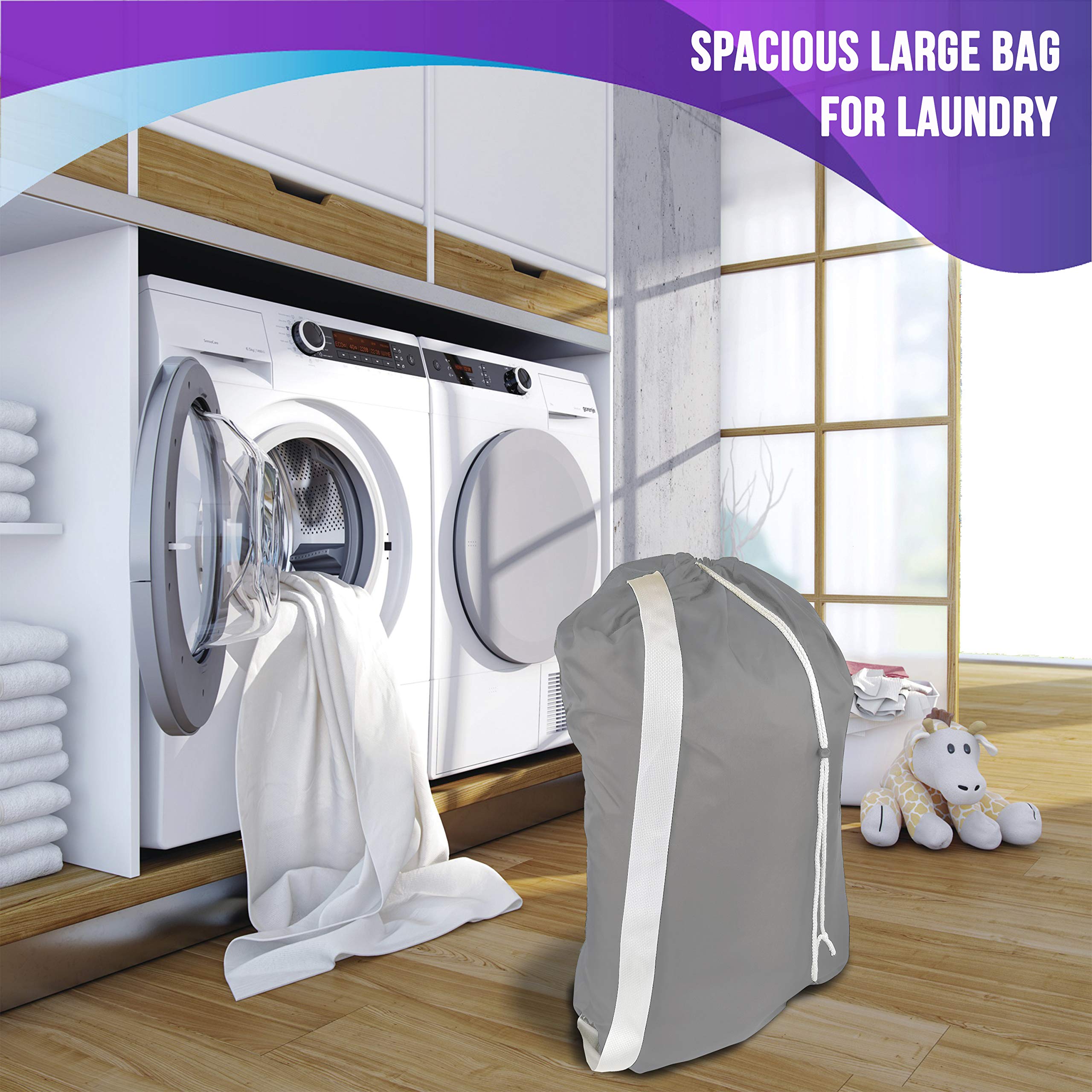 Nylon Laundry Bags, Size: 30" x 40" with Shoulder Strap, Heavy Duty, College, Laundry, Household, Storage. Machine Washable. Made in USA. (Grey, Pack of 2)