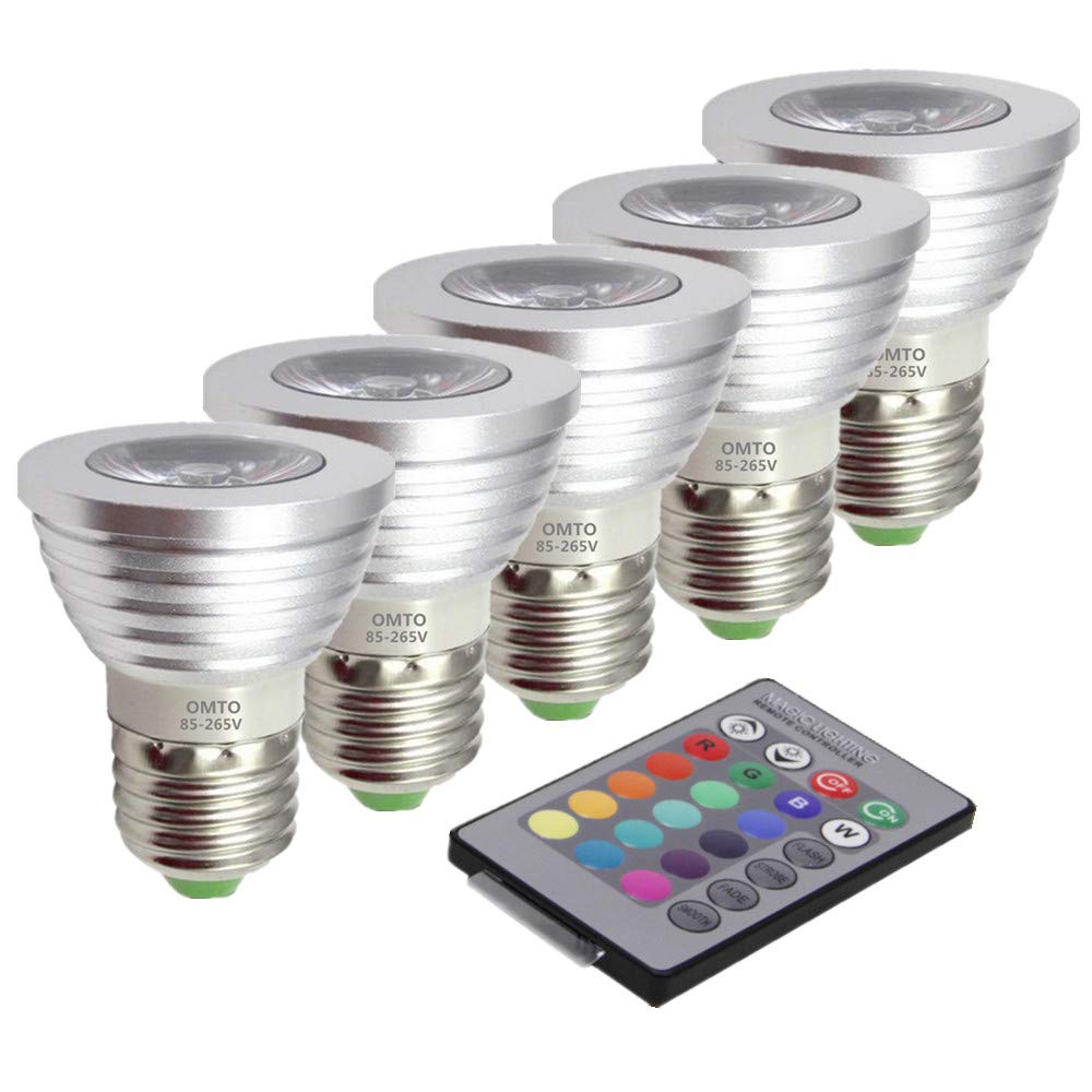 OMTO E26/E27 3W RGB Color Changing Spotlight with IR Remote Control Mood Ambiance Lighting Colorful LED Light Bulbs,Dimmable 85-265V (Pack of 5)