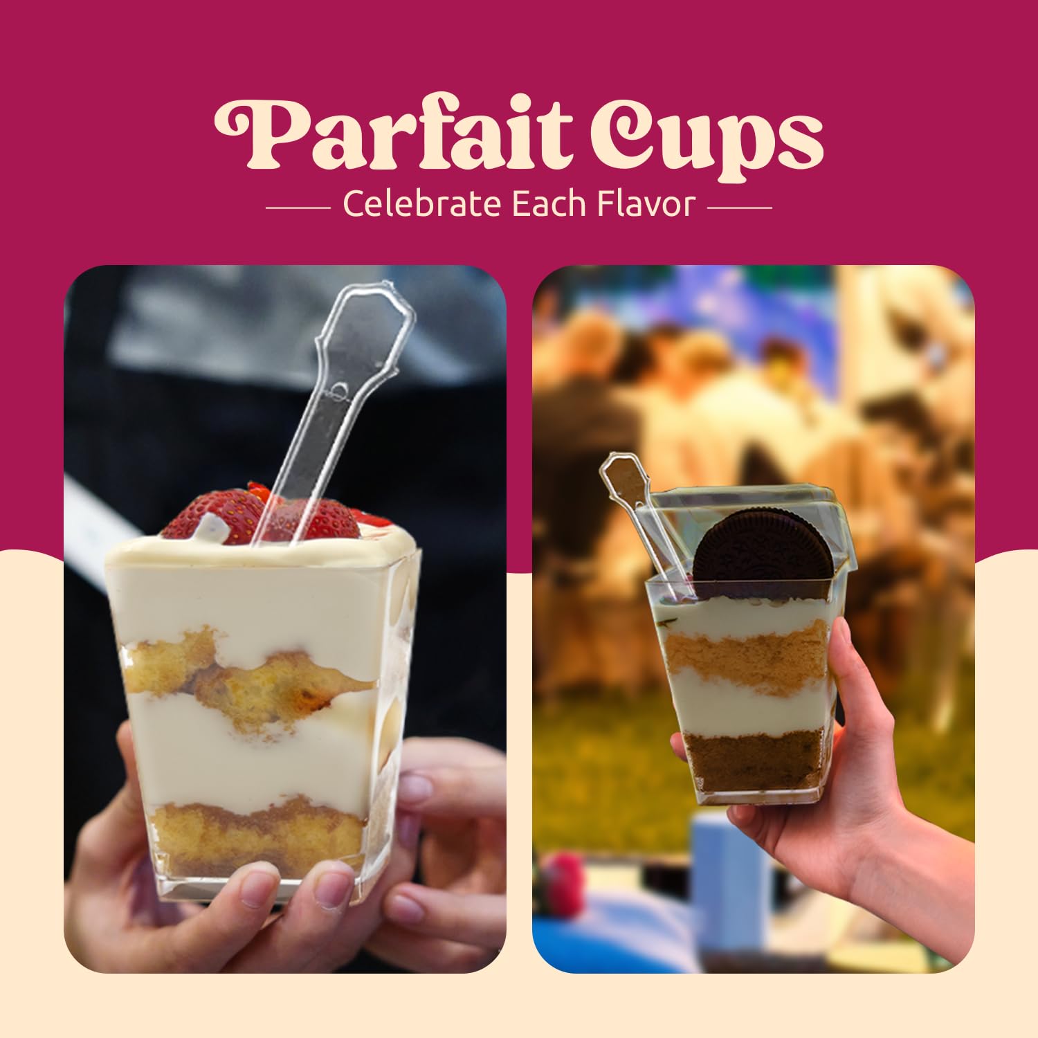 Sammray 5 oz Dessert Cups with Lids and Spoons (100 Pack) β Plastic Parfait Cups for Appetizer and Desserts be it, Mousse, Tiramisu, Pudding, or salads - Perfect for Parties