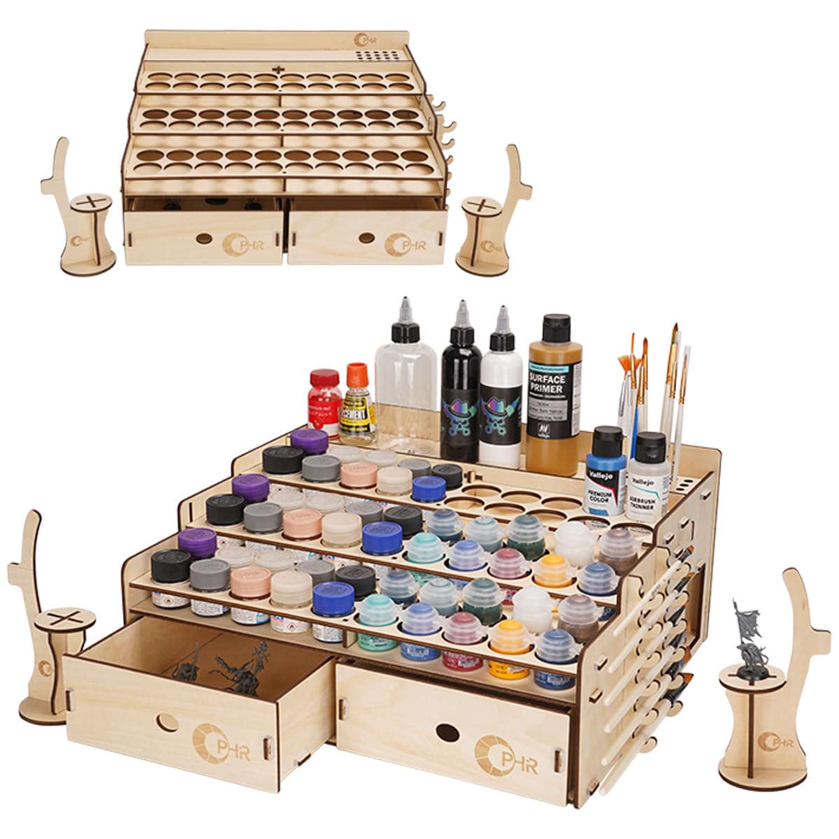 OPHIR Wooden Paint Organizer, Miniature Paint Holder Storage Rack for 60 Acrylic Model Paint Bottles with 2 Drawers, 2 Painting Handle, 25 Paint Brush Holes and 1 Brush Holder for Miniature Paint Set