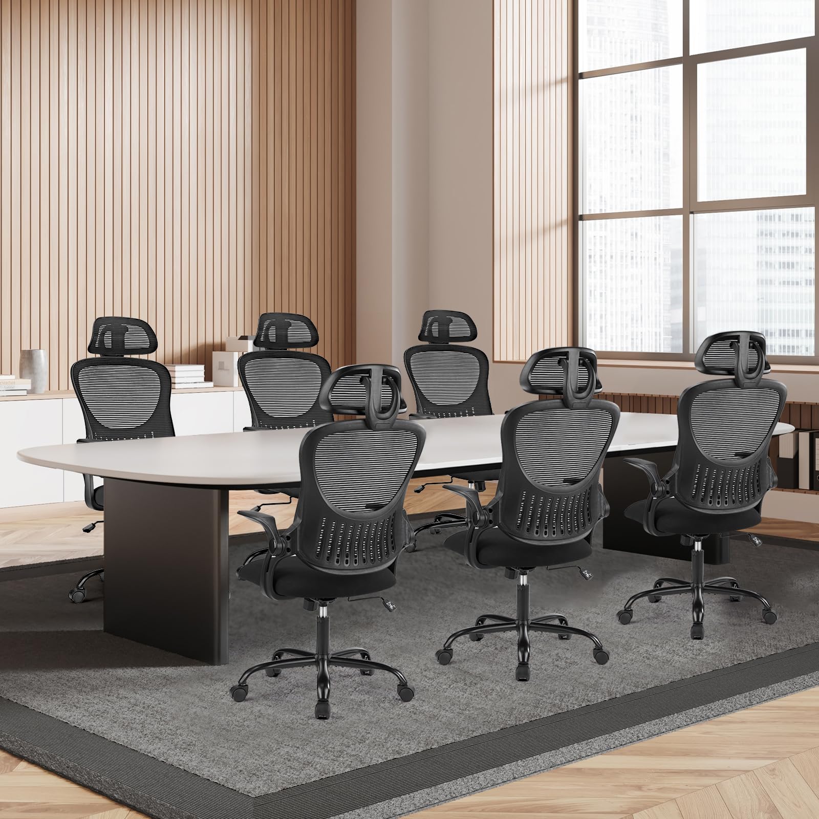 OLIXIS Ergonomic Office High-Back Mesh Computer Desk Wheels, Adjustable Headrest and Flip-Up Arms, Swivel Comfy Padded Rolling Task Chairs for Home Study Bedroom Gamer, Black, 26.69 x 25.39 x 52.95