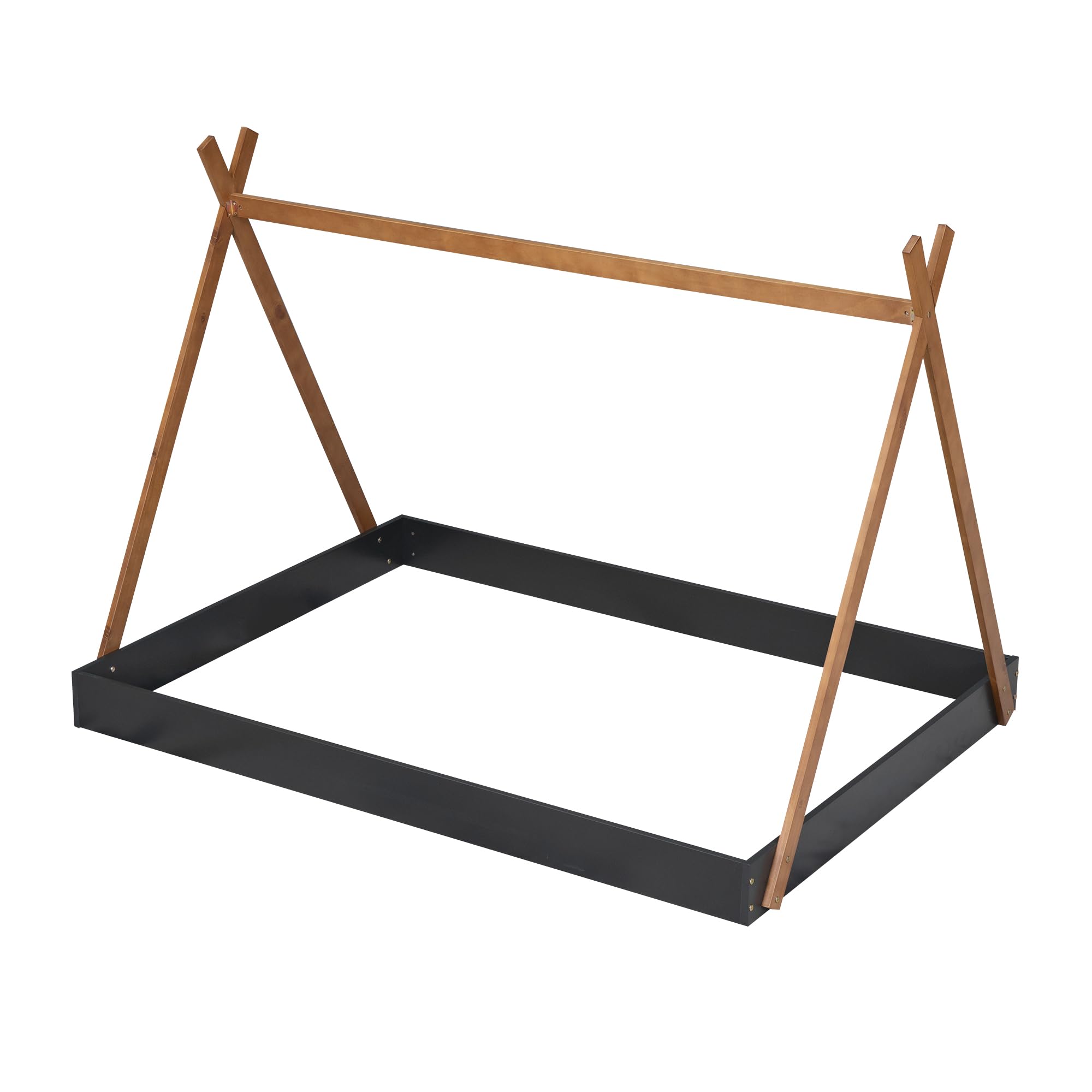 KTVTK Full Size Tent Floor Bed with Triangle Structure, Montessori Bed Frame w/Wood Teepee Design,Easy to Assemble for Kids Boys Girls Bedroom,Black+Brown