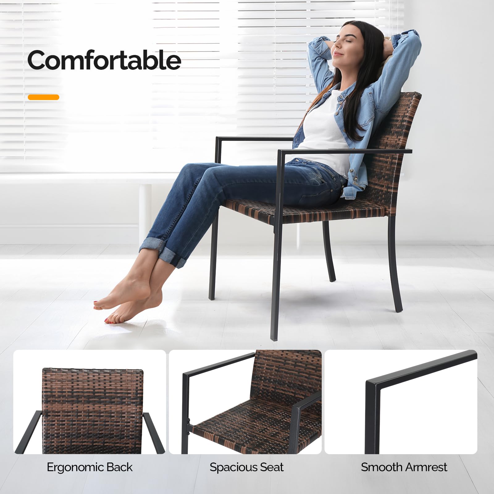 VINGLI Stackable Wicker Chairs Outdoor Dining Chairs Set of 4, All-Weather Patio Ratten Chairs Furniture for Garden Porch Backyard Deck Fire Pit, Capacity 350 lbs, Brown