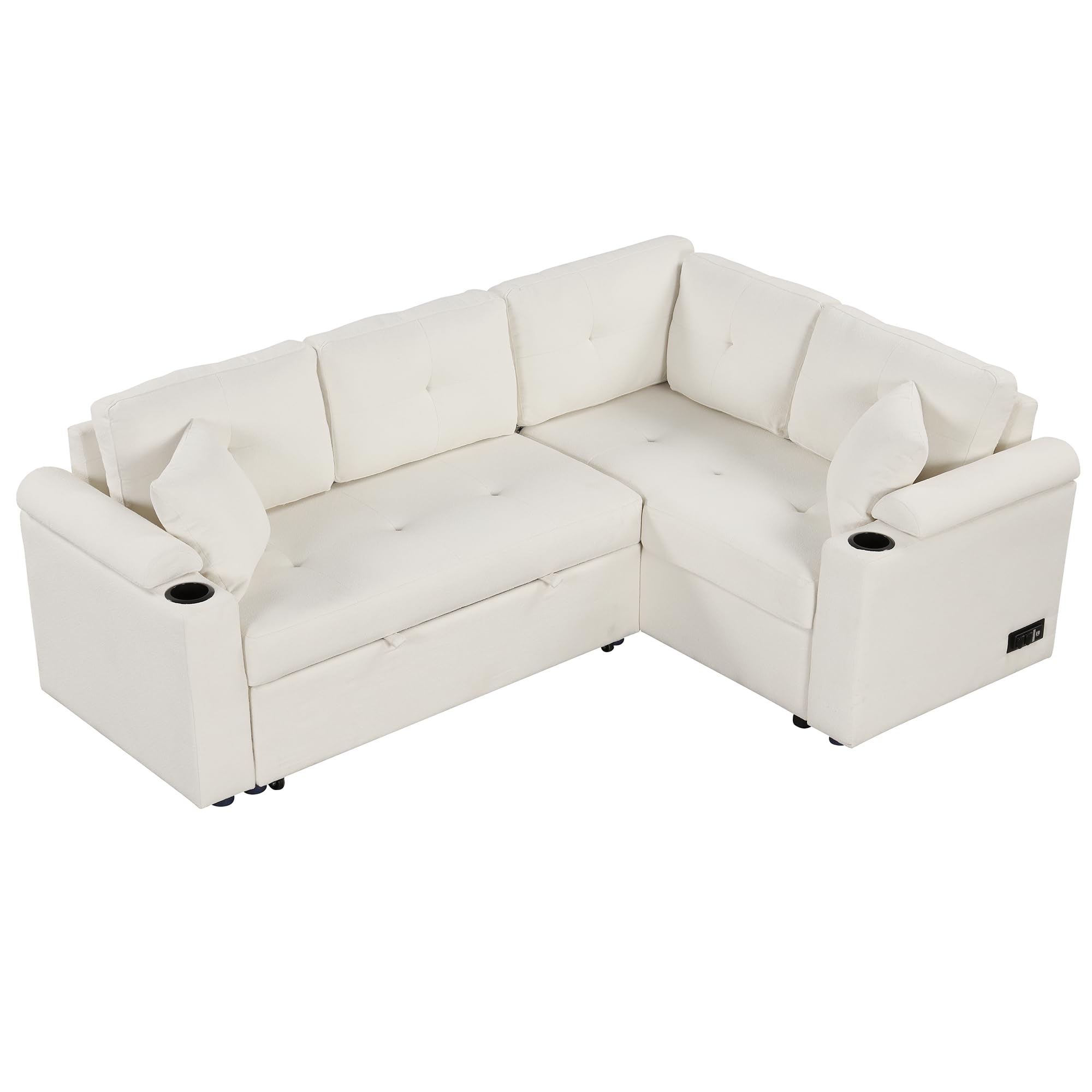 P PURLOVE Sectional Sofa with Pull-Out Sofa Bed, Boucle L-Shape Sleeper Sofa with Wheels, USB Charging Port and Power Sockets, Modern Upholstered Couch for Living Room, Bedroom, Apartment (Beige)