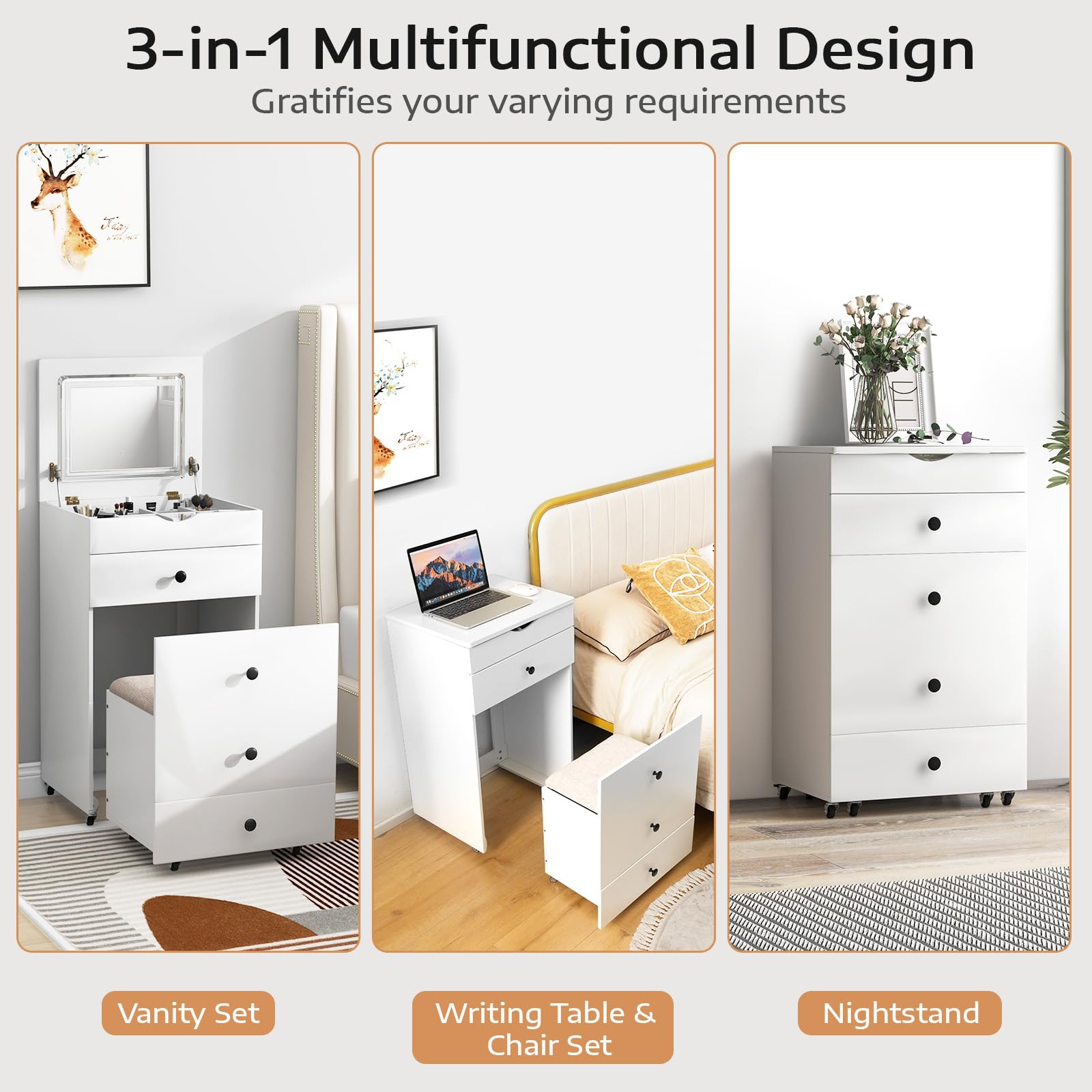 CHARMAID Small Vanity Desk Set, Makeup Vanity Table with Flip-up Lighted Mirror, Storage Bench, 2 Drawers, 8 Wheels, White Girls Dressing Table Nightstand for Small Space Bedroom