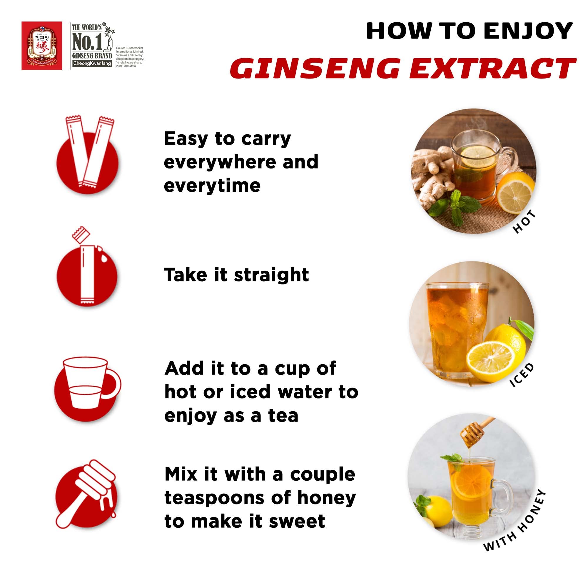 CheongKwanJang 100% Ginseng Extract Stick - Sugar & Caffeine Free Energy Supplements Everytime 3000mg Korean Red Ginseng, Natural Energy Booster for Men & Women, Nitric Oxide Brain Support - 30P