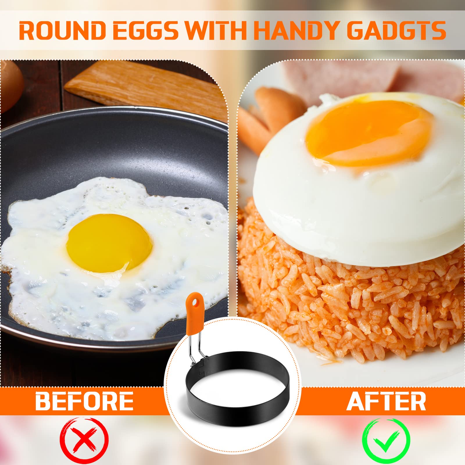 Patelai 4 Pcs Professional Egg Ring Pancake Ring Set Stainless Steel Fried Egg Ring Griddle Pancake Shapers with Orange Silicone Handle for Breakfast Omelette Sandwich (4 Pcs, 4 Inch)
