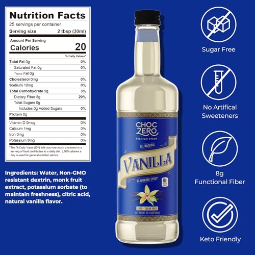 ChocZero Sugar Free Vanilla Syrup for Coffee - Keto Flavoring Syrups - Low Calorie Simple Syrup for Flavored Drinks (26.5 ounce bottle/750ml)