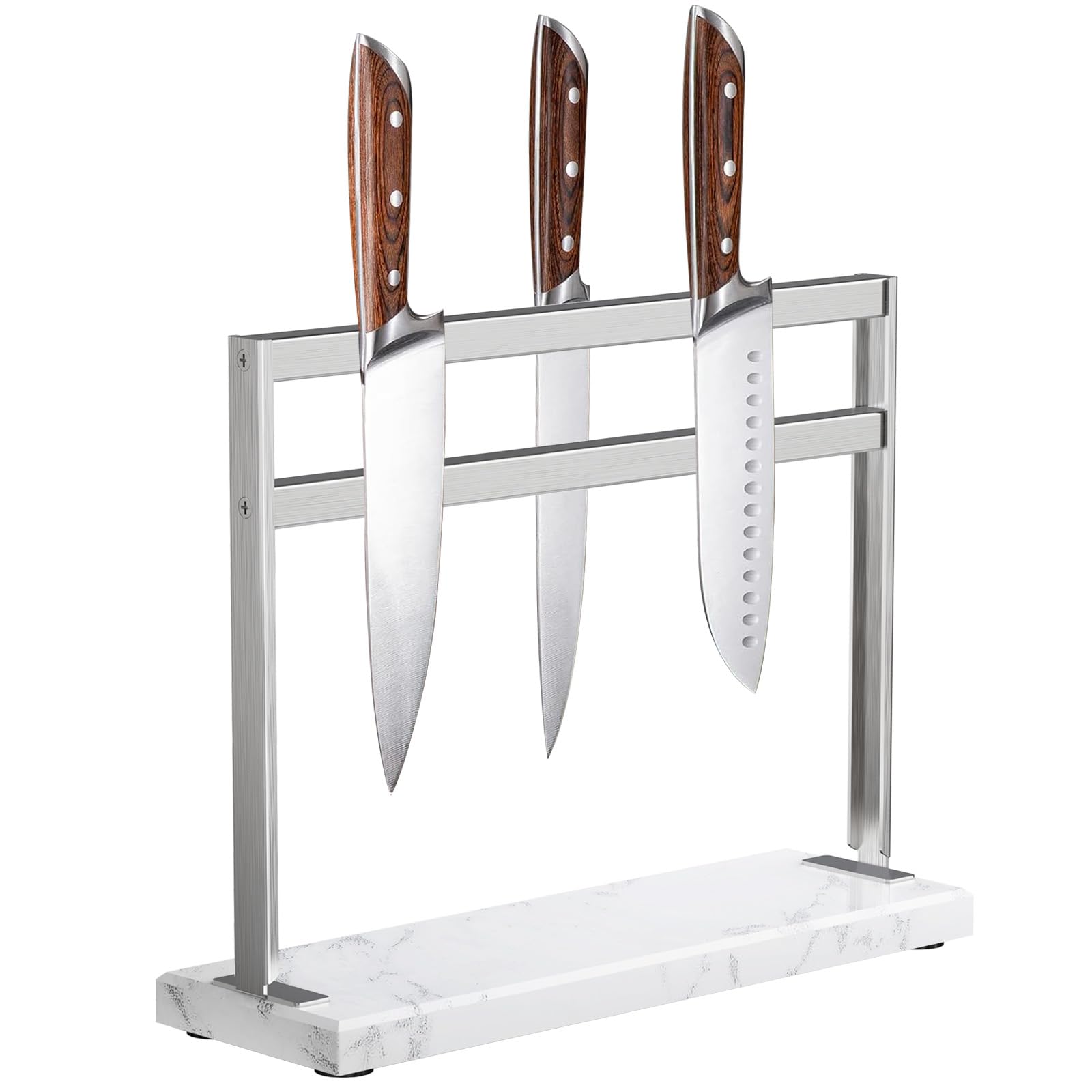 YIIYIIN Magnetic Knife Block with Marble Base - Double Sided Magnetic Knife Stand - Magnetic Knife Holder - Kitchen Knife Storage - Knife Holders for Counter Top - Marble White