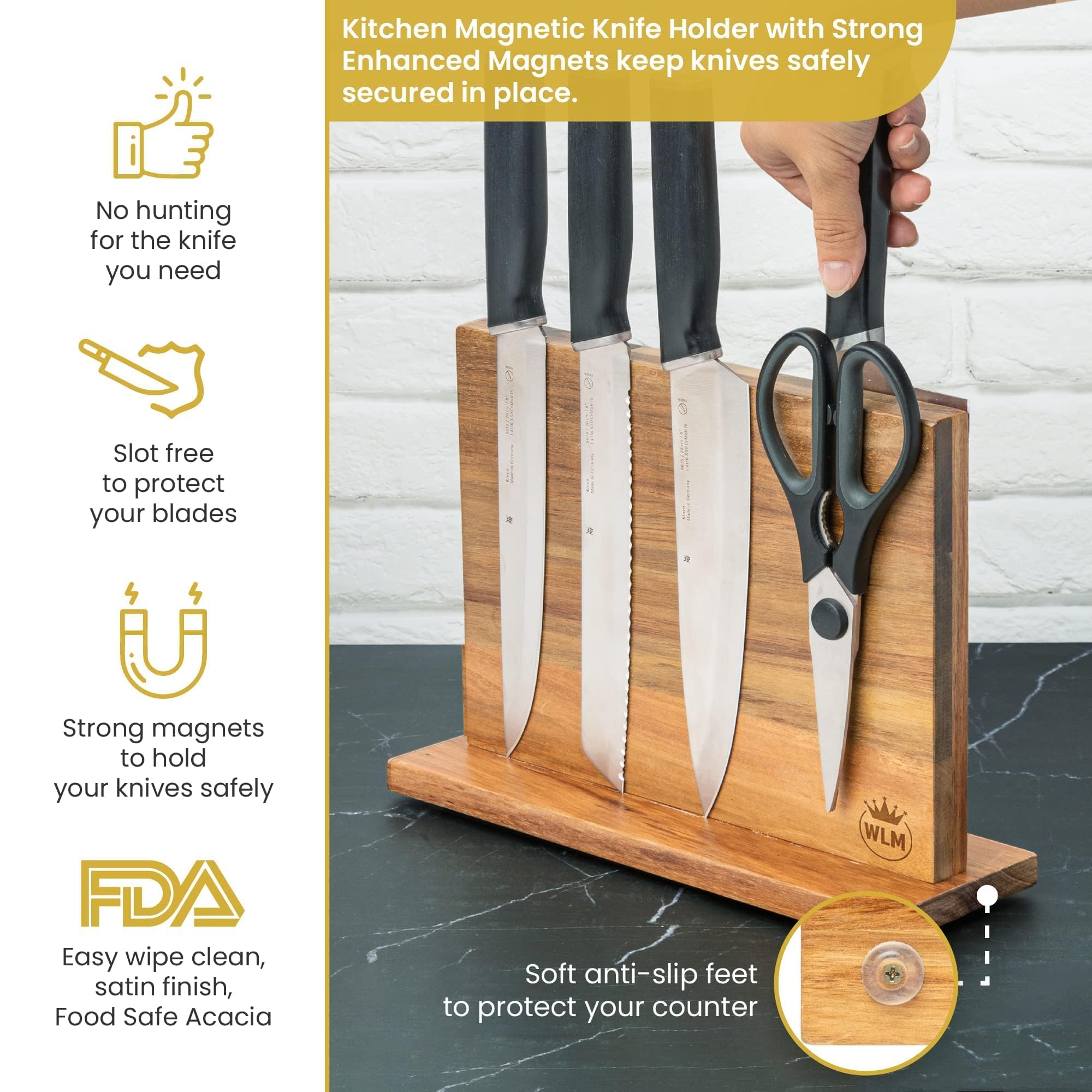 WLM Magnetic Knife Holder - Fully Assembled 12x9 In. Double-Sided Magnetic Knife Block with Strong Magnets, Acacia Wood, Multifunctional Storage Rack