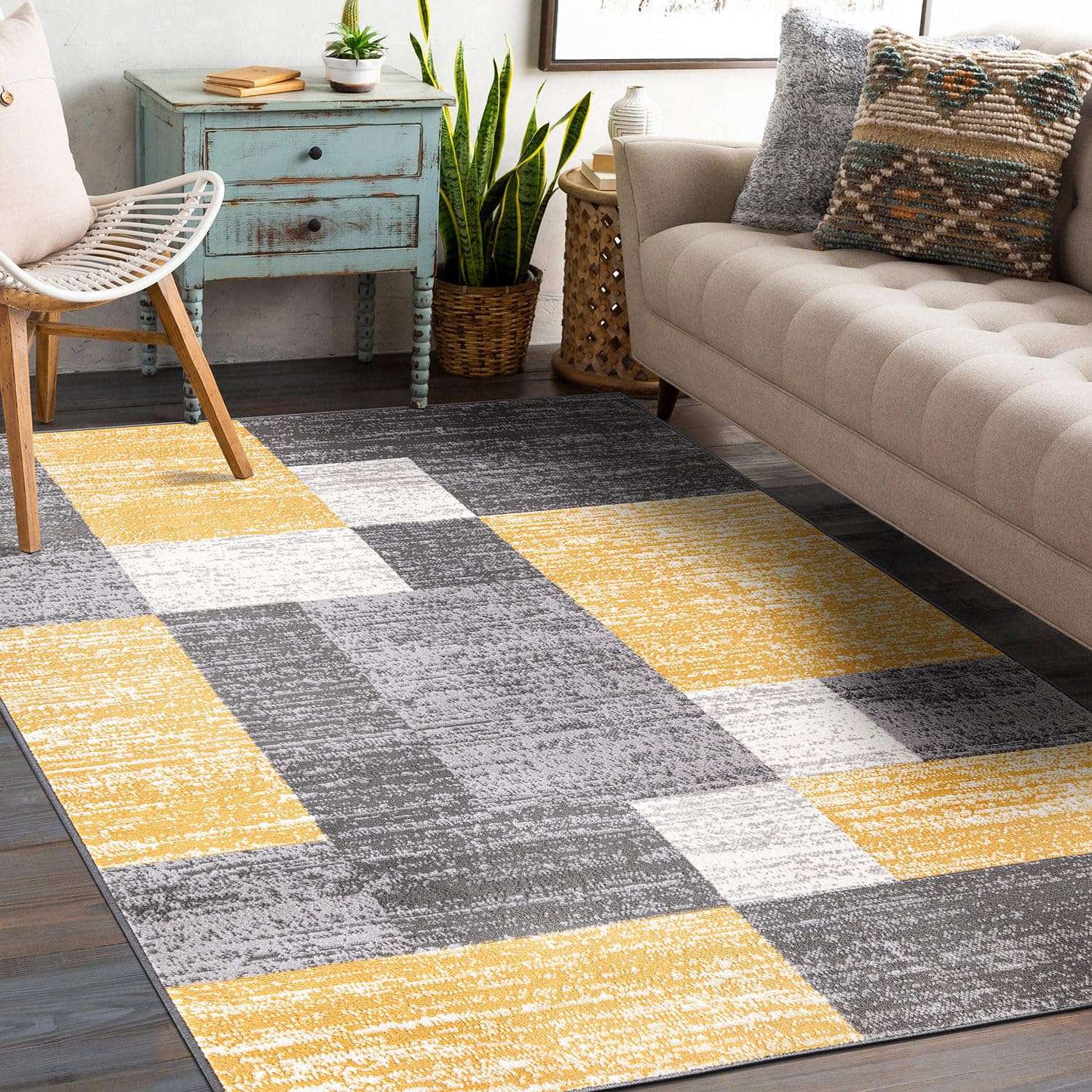 Rugshop Oslo Modern Geometric Boxes Area Rug 7'10" x 10' Yellow
