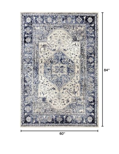 Persian-Rugs Distressed Ivory 5x7 Area Rug, Blue French Country Rug for Living Room and Kitchen
