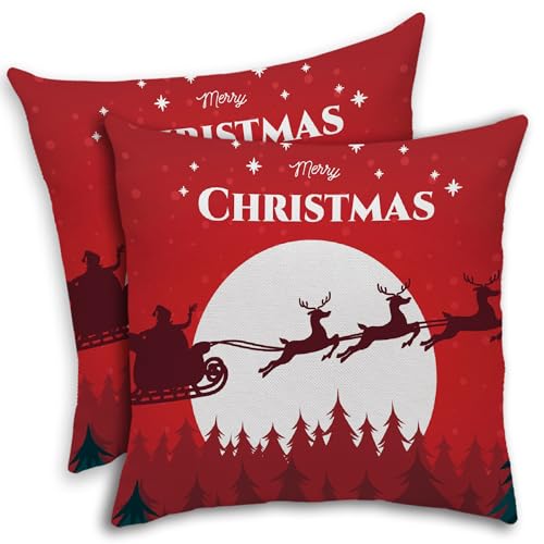 Christmas Deer Pillow Covers Moon Tree Snowflakes Animal Square Soft Linen Pack of 2 Throw Pillow Covers Home Decorative,red,18x18 Inch