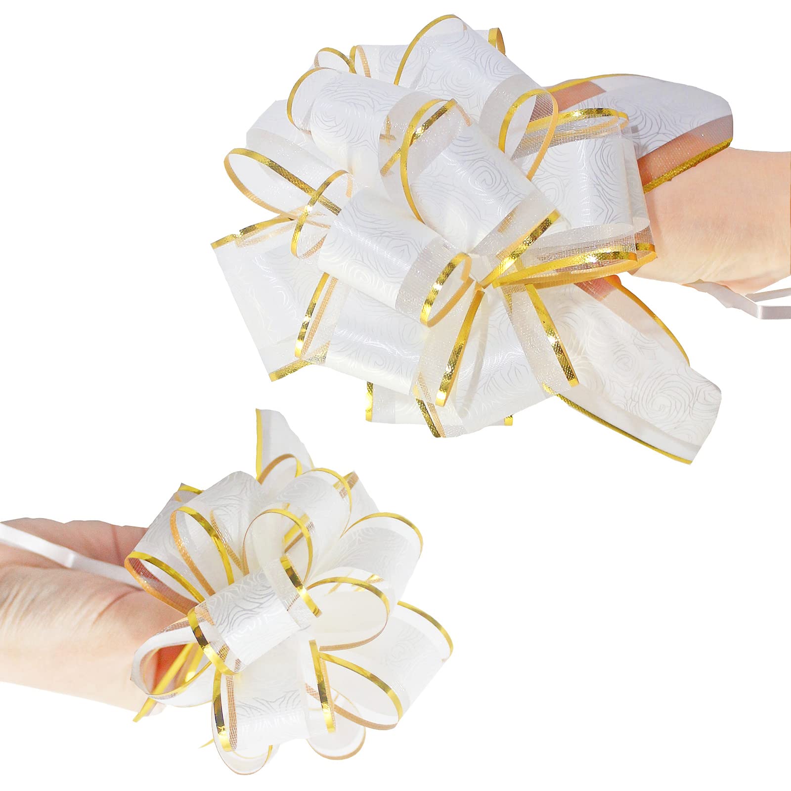 WEWILUCK Gift Bow for Gifts Wrapping, 10 PCS White Pull Bows with Golden Line for Christmas Tree, Xmas Presents, Wedding Decor, Basket Decoration, Birthdays, Holidays Present Wrap Supplies