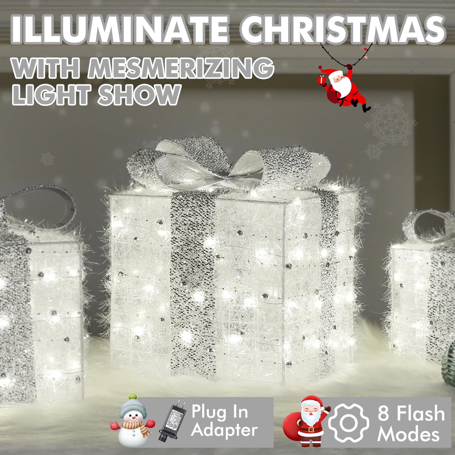 Christmas Lighted Gift Boxes, 140 LEDs Light Up Presents Christmas Decor, 8 Modes & Timer Function Plug-in Lighted Christmas Boxes, Set of 3 Christmas Decoration for Xmas Holiday Party Indoor Outdoor