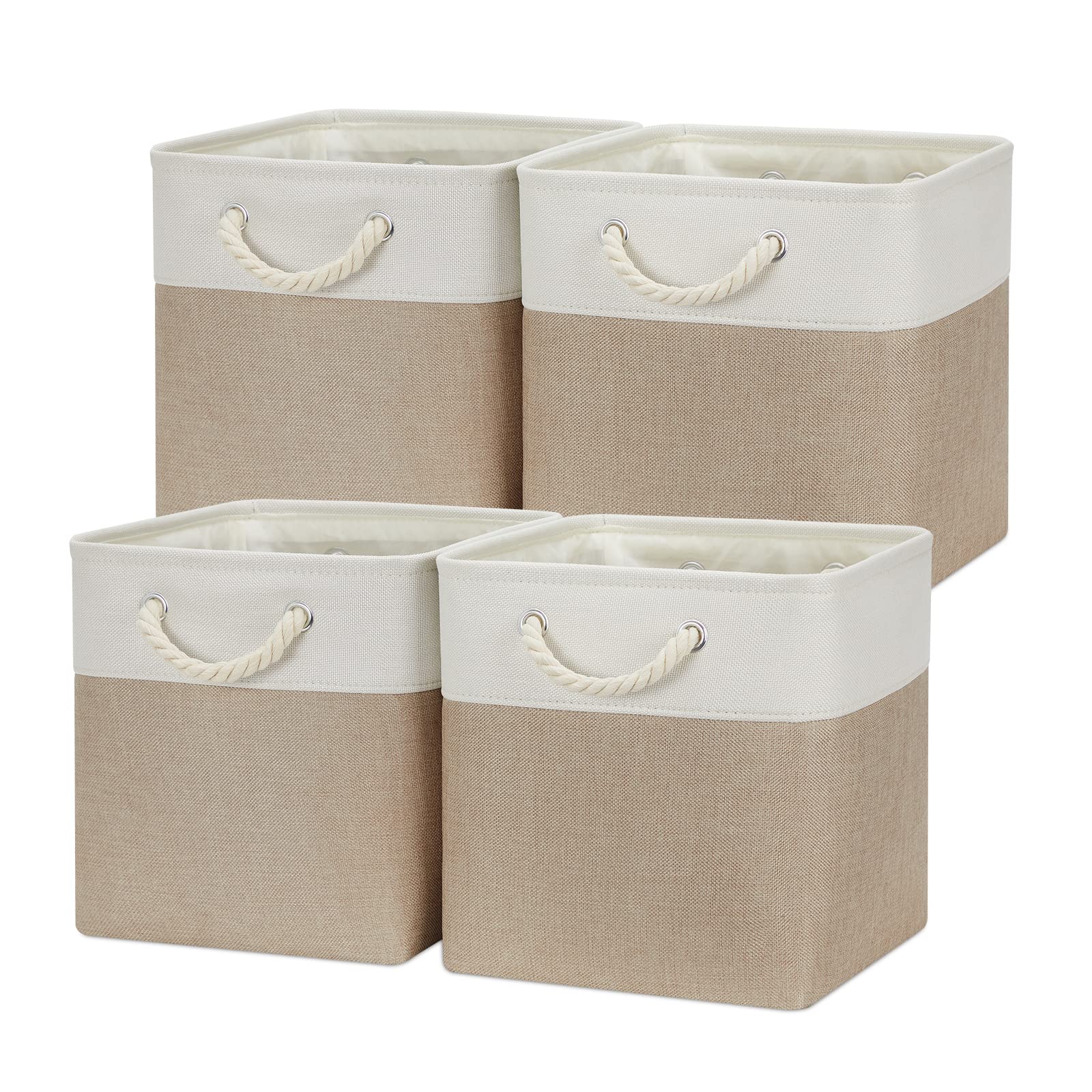 Temary 4 Pack Cube Storage Bins Cloth Baskets for Shelf, Fabric Storage Cubes 12 x 12 Baskets Gift Empty Baskets with Handles, Baskets for Storage (White&Khaki)
