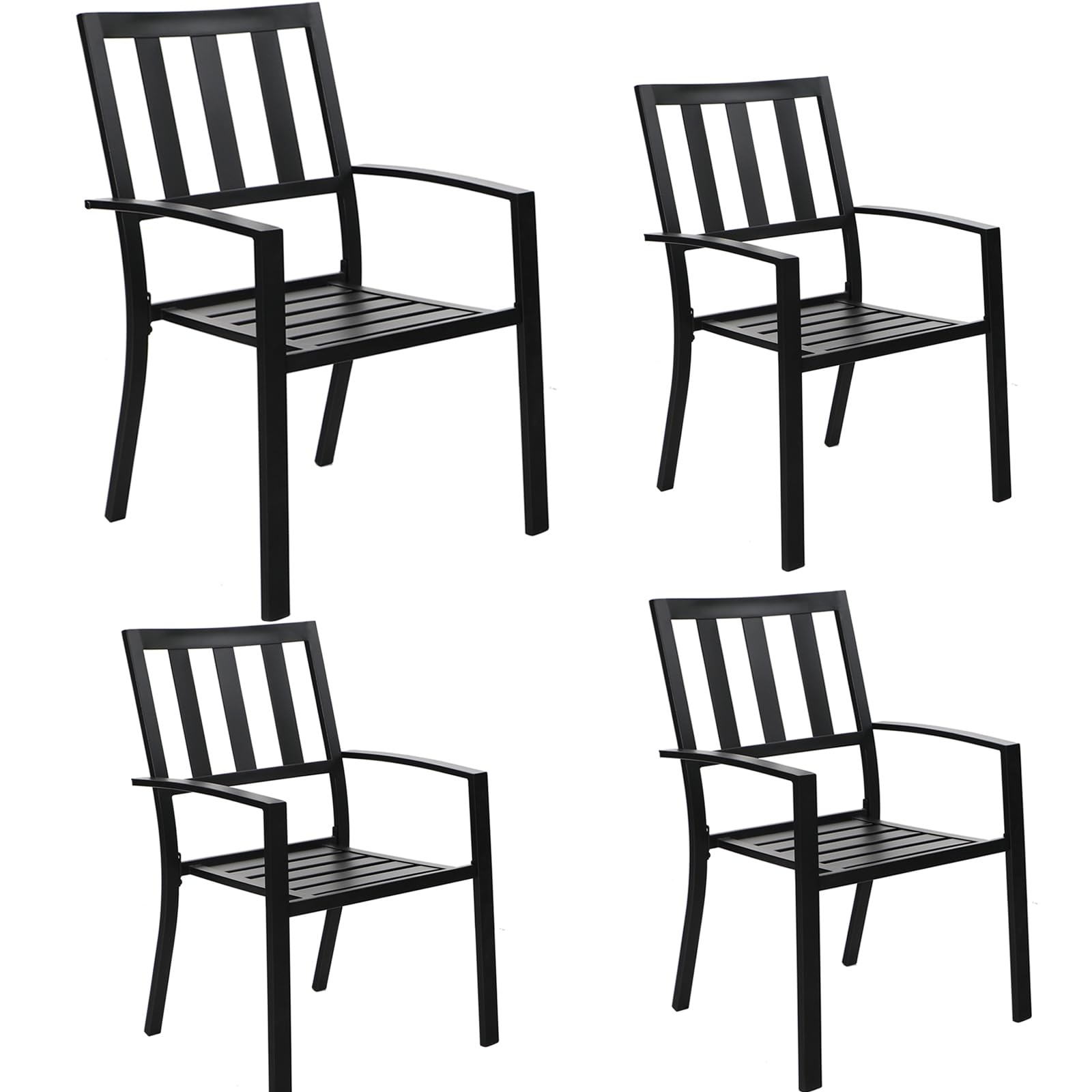 PHI VILLA Patio Dining Stackable Chairs, Outdoor Wrought Iron Furniture Set Bistro Chairs with Armrest,Black (Square Pattern, 4 Set)