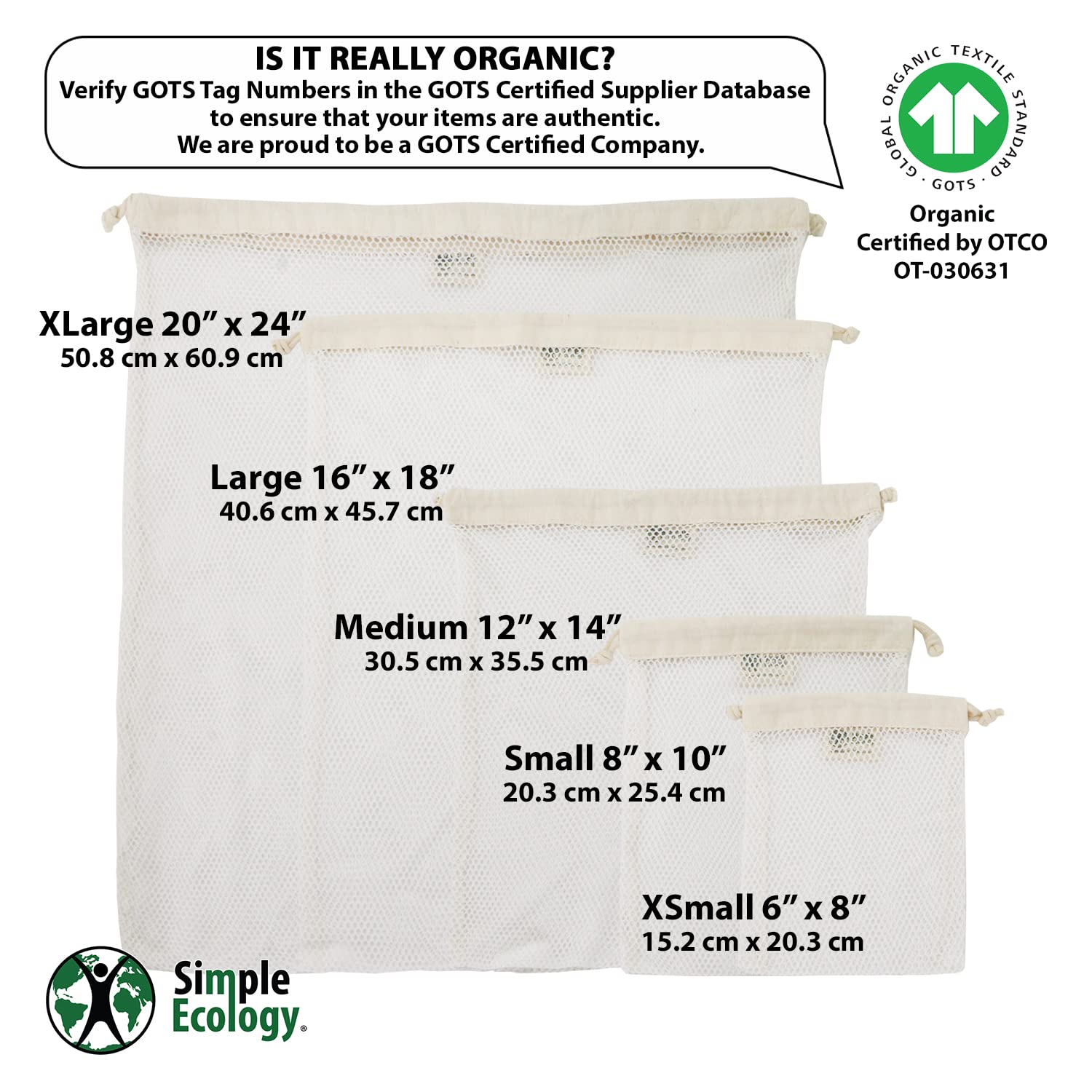 Simple Ecology Organic Cotton Mesh Laundry Bag; Machine Washing Bags for Delicates, Lingerie and Garments, Set of 3 (S, M, L)