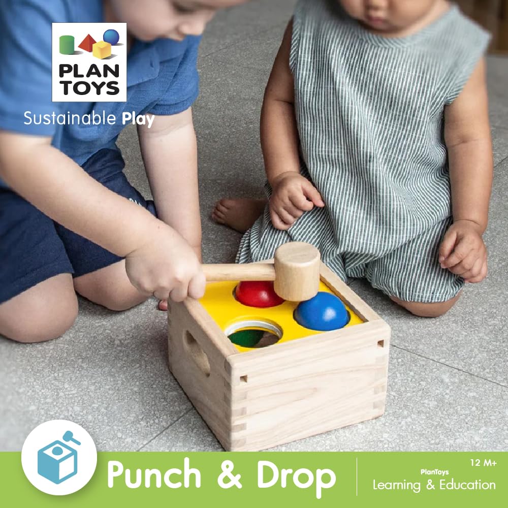 PlanToys Wooden Punch & Drop Pounding Bench (9424) | Sustainably Made from Rubberwood and Non-Toxic Paints and Dyes