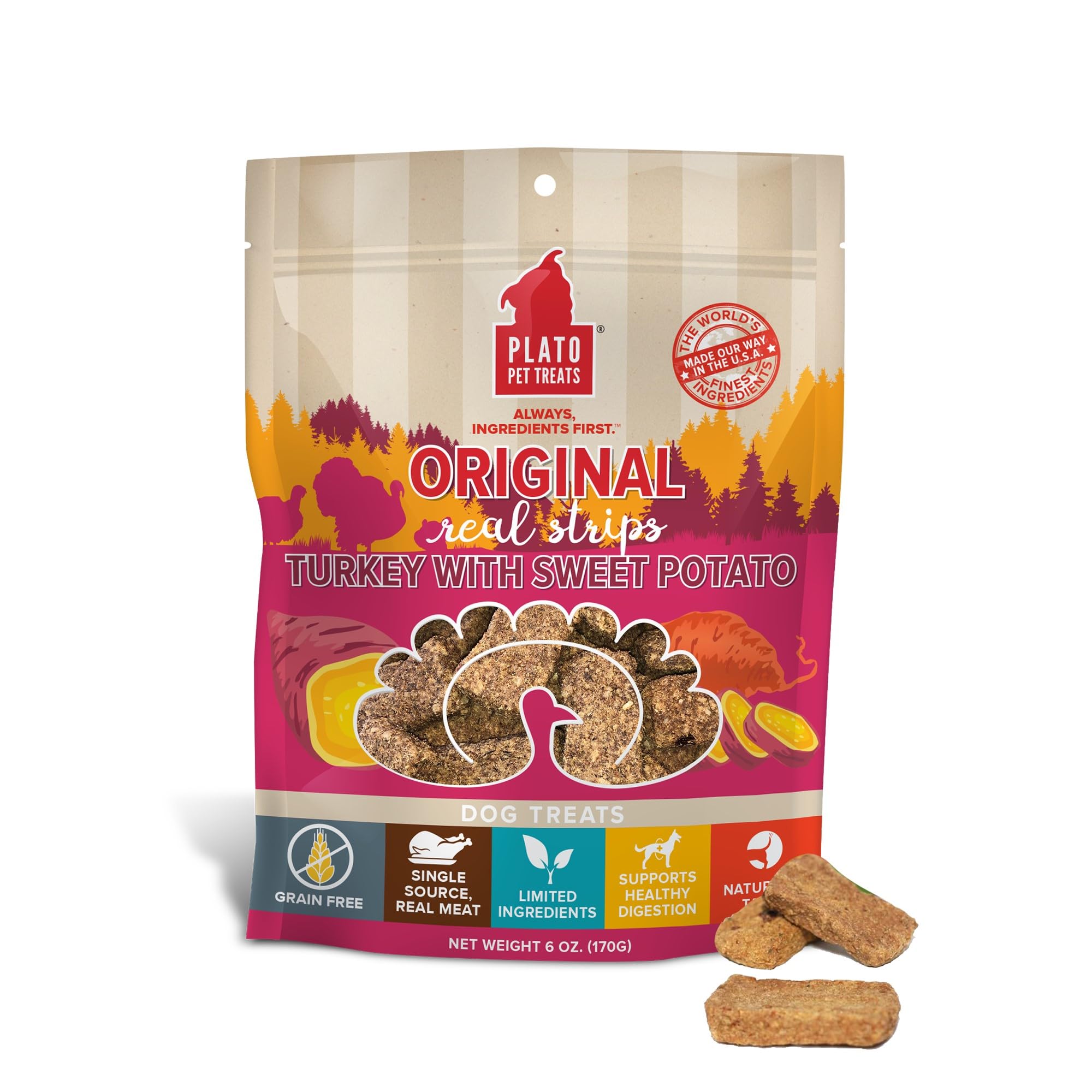 PLATO Turkey Real Strips Natural Dog Treats - Real Meat - Air Dried - Made in the USA - Turkey & Sweet Potato, 6 ounces
