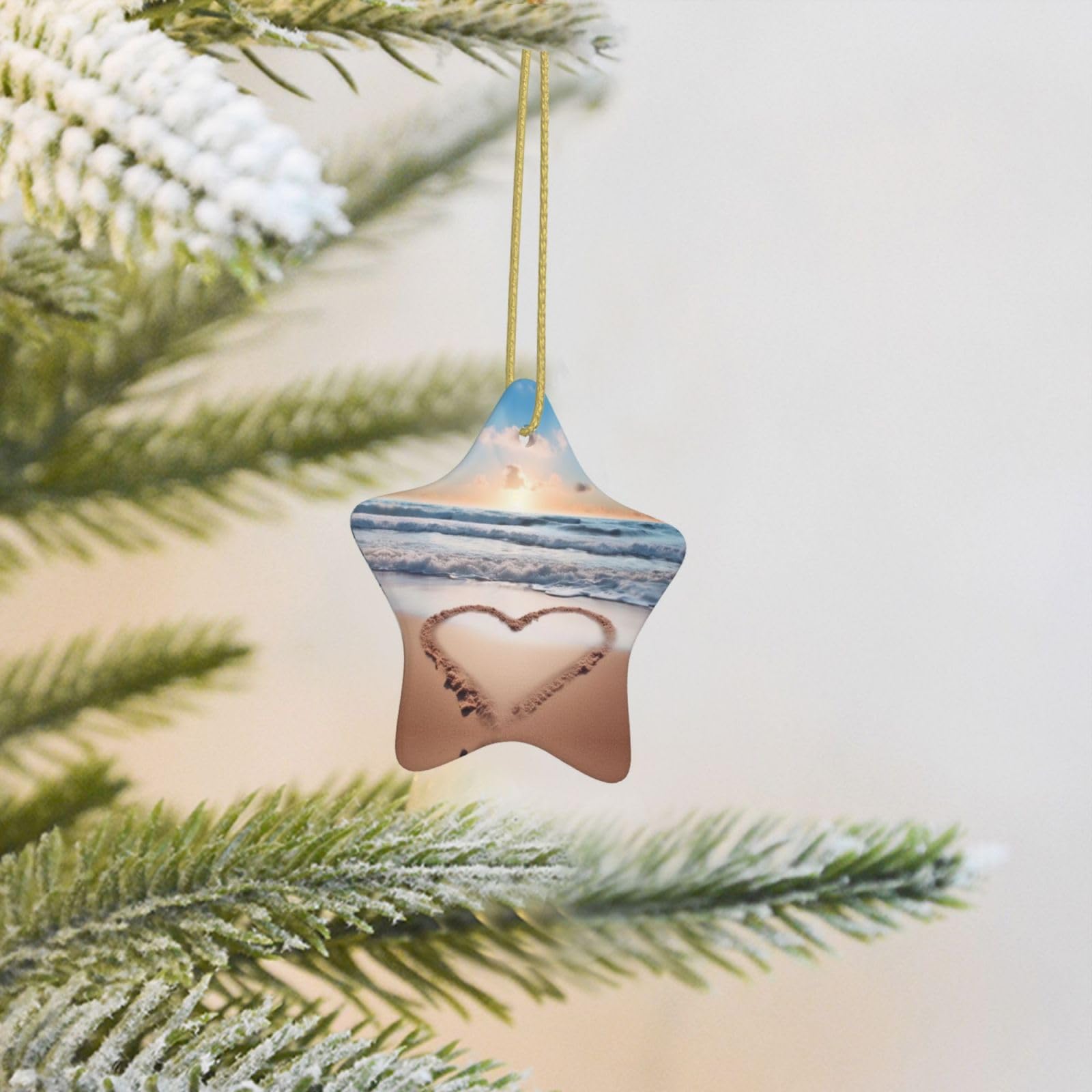 Christmas Tree Ceramic Hanging Star Shape Ornaments Heart Shape Romantic Beach Printed Christmas Ornaments with Gold Ribbon Ceramic Hanging Crafts for Xmas Holiday Party Decorations
