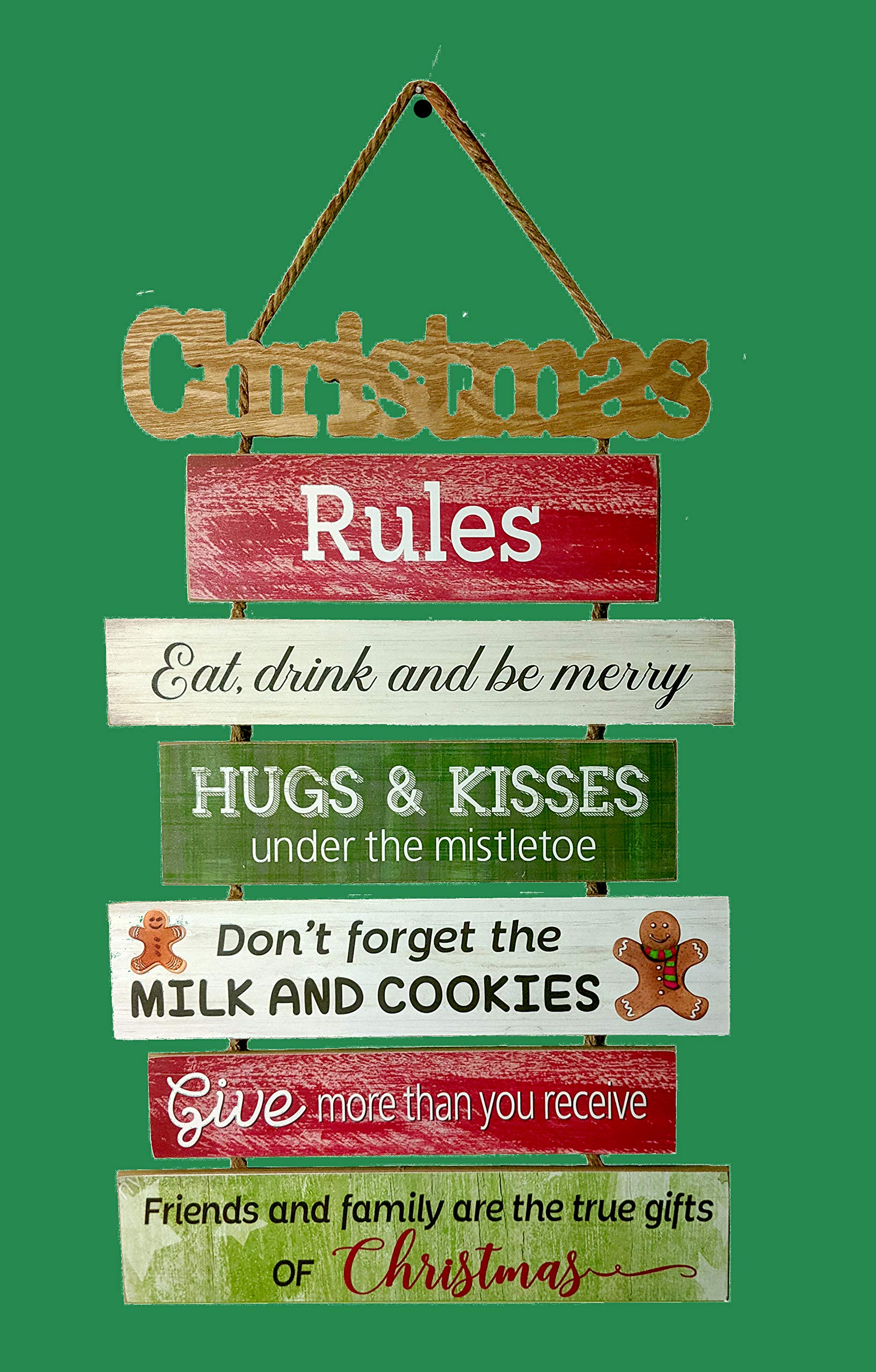 Christmas Wood Wall Decor Hanging Sign, Rustic Wooden Plaque, Holiday Rules 23" x 13.75" Jute Hanger