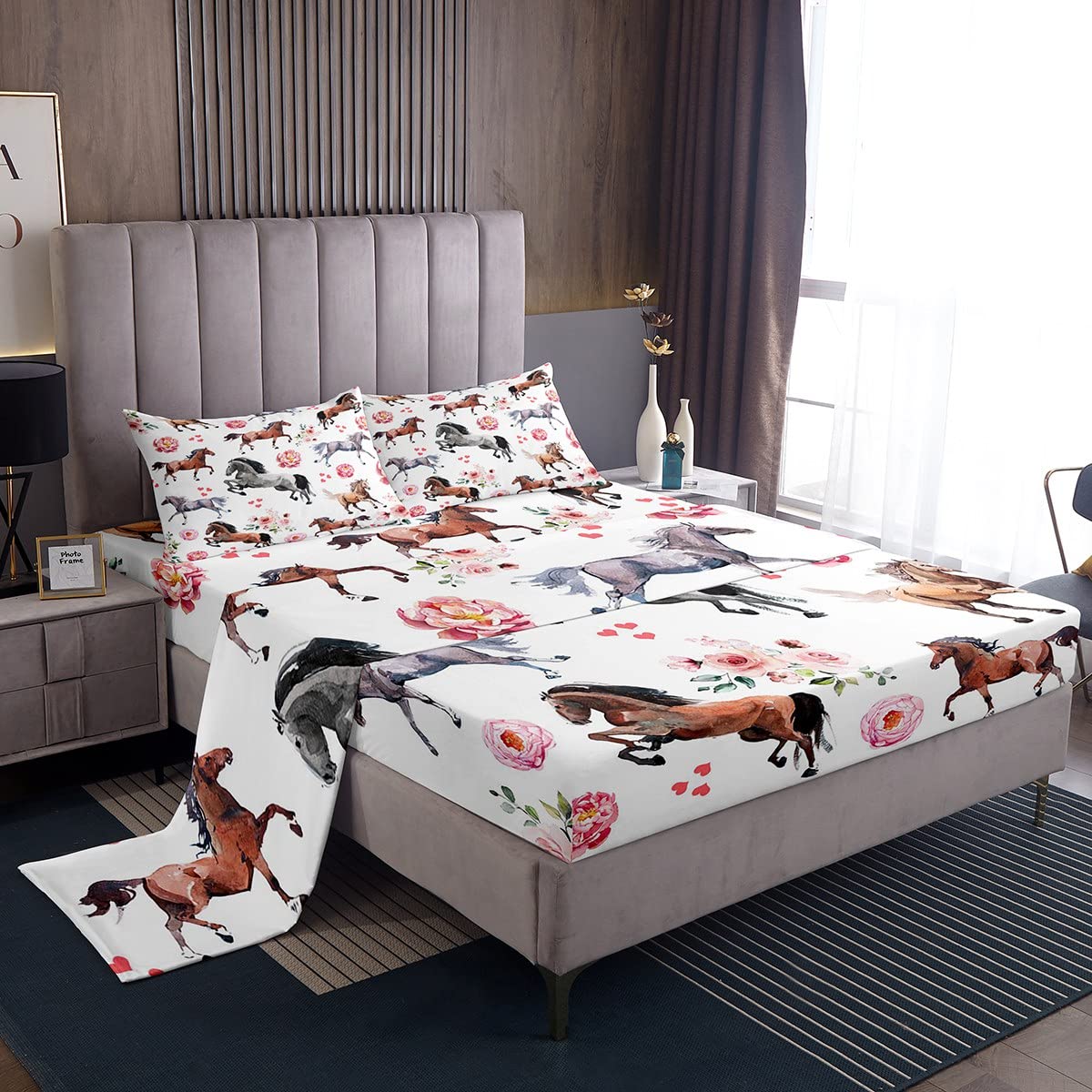 Erosebridal Western Horse Bed Sheets Set for Kids Boys Girls,Romantic Farm Horse Gifts for Girls,Twin Kawaii Watercolor Horse Sheet Set,Cute Rustic Animal Flat Fitted Sheet Bedroom Decor