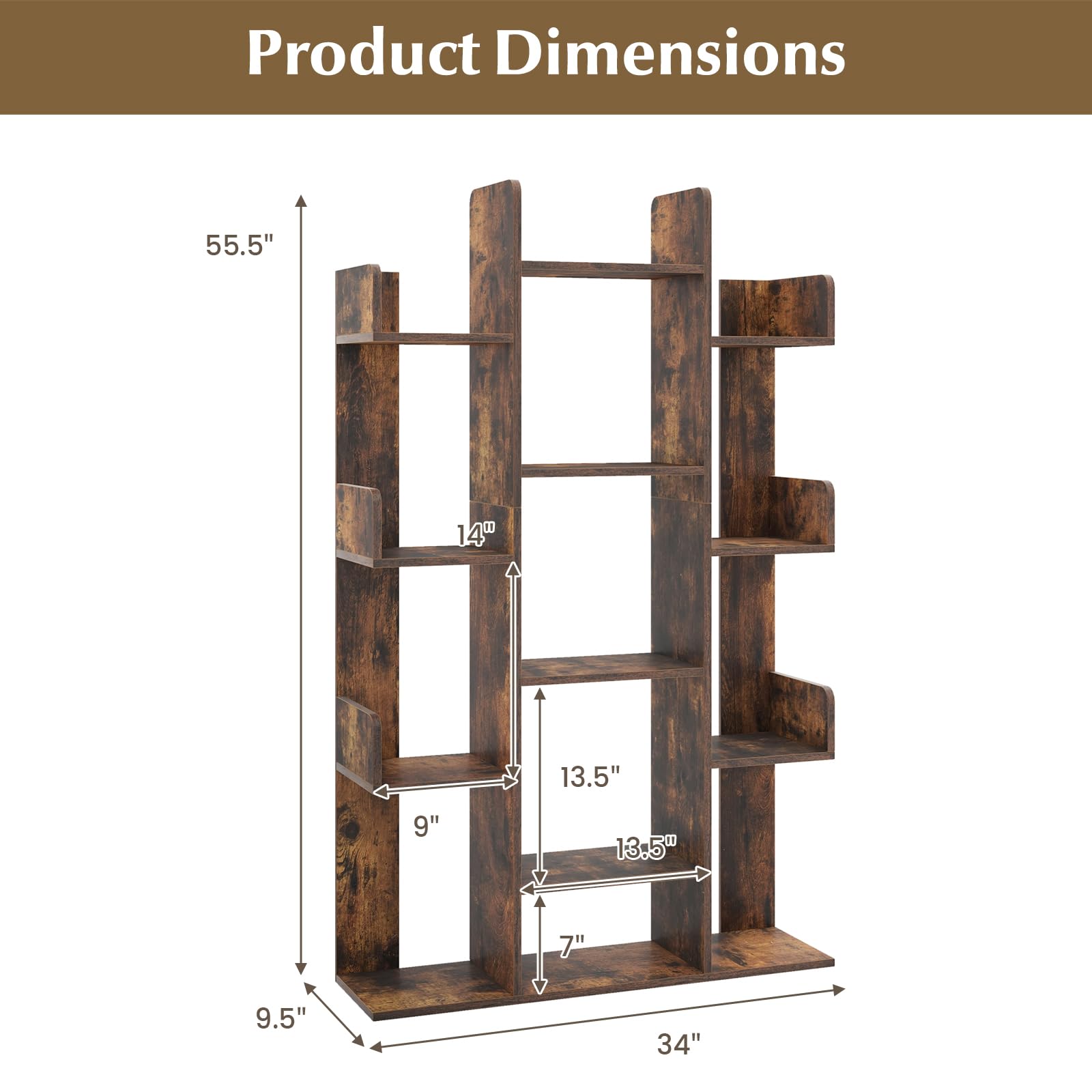 Tangkula Freestanding Tree Bookshelf, Corner Storage Organizer with 13 Open Shelves, Decorative Display Cube Shelf for Living Room, Study, Office, 34 x 9.5 x 55.5 Inch (1, Rustic Brown)