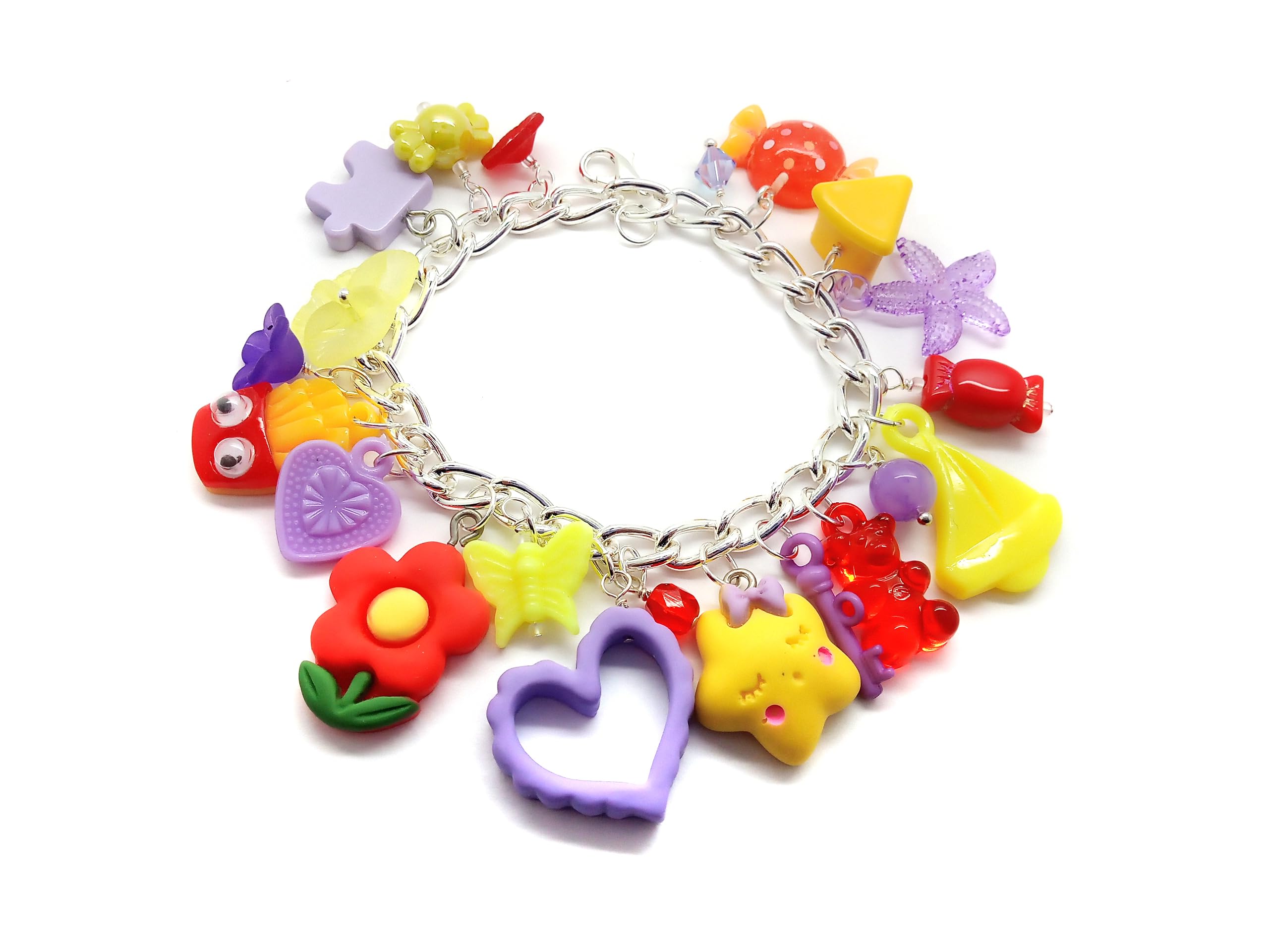 Chunky Charm Bracelet in Red Yellow & Purple, Kawaii Cha Cha Bracelet with Cute Candy Ice Cream Flower and Heart Charms, Adjustable