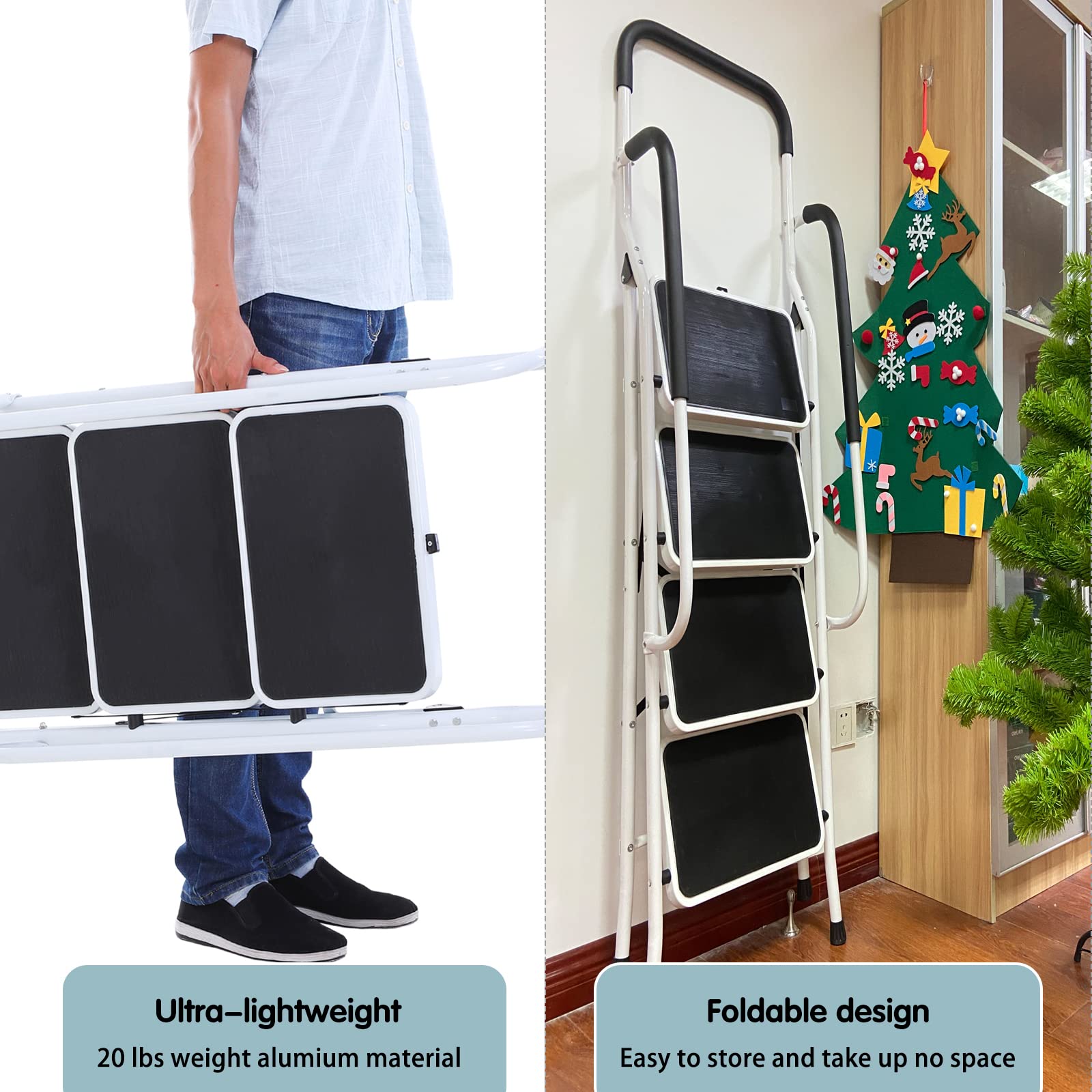 Portable Folding Step Ladder with Safety Handrails Anti-Slip Sturdy Large Area Pedal Steel Step Stool White and Black 4-Feet & Attachable Tool Bag for Kitchen Home and Office, Capacity: 500 lbs