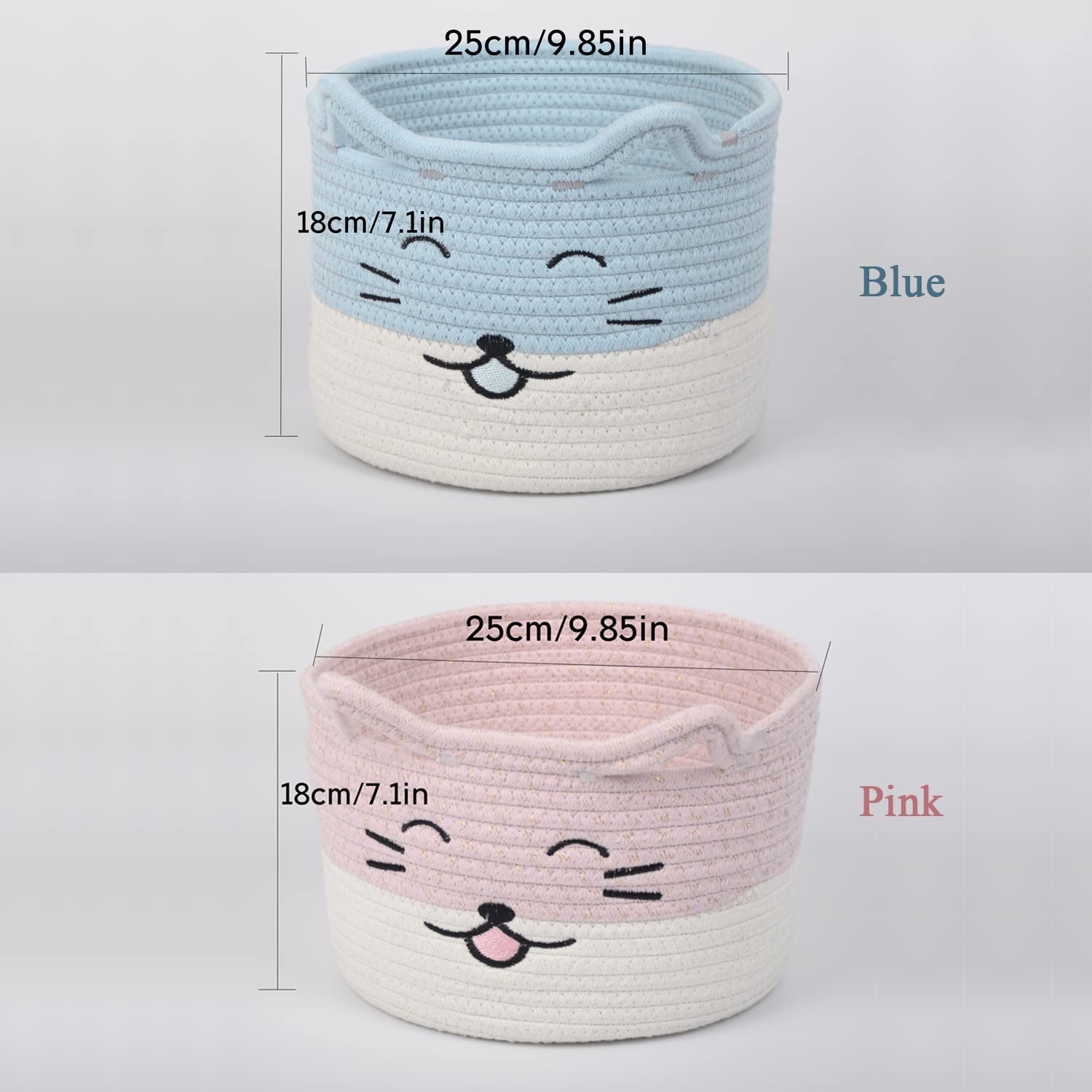 Small Woven Cotton Rope Storage Basket,2 Pack Cute Cat Cotton Rope Baskets with Handle,Baby Nursery Organizer for Toy Storage Bin | Pet Gift Basket for Cat,Dog,10 x 10 x 7 Inch