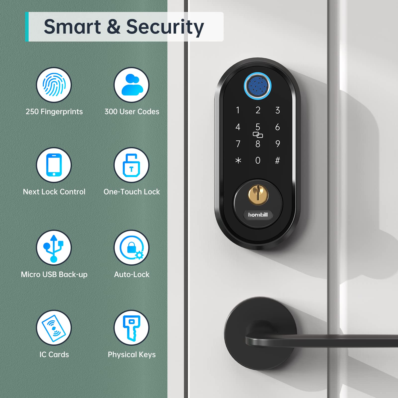 Smart Door Lock, hornbill 8-in-1 Keyless Entry Door Lock Biometric Fingerprint Smart Deadbolt, Electronic Digital Bluetooth Keypad Code Door Lock, Smart Locks for Front Door, IC Fob & App Control