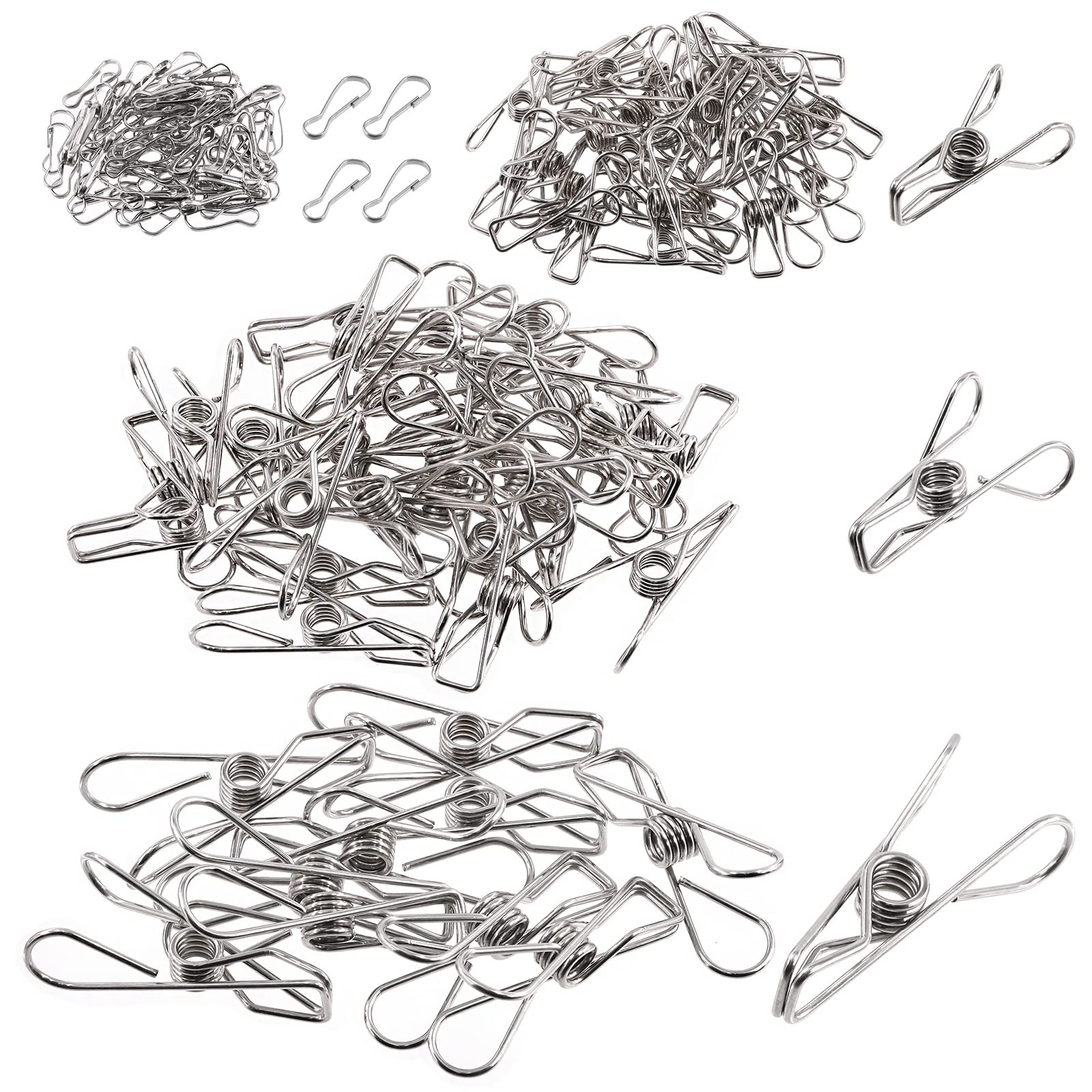 Swpeet 145Pcs 1.7inch 2.4inch 3.2inch Stainless Steel Clothes Pins with Metal Spring Hooks Kit, Multi-Purpose Wire Clip Windproof Clothespin Metal Clips Holders for Clothes
