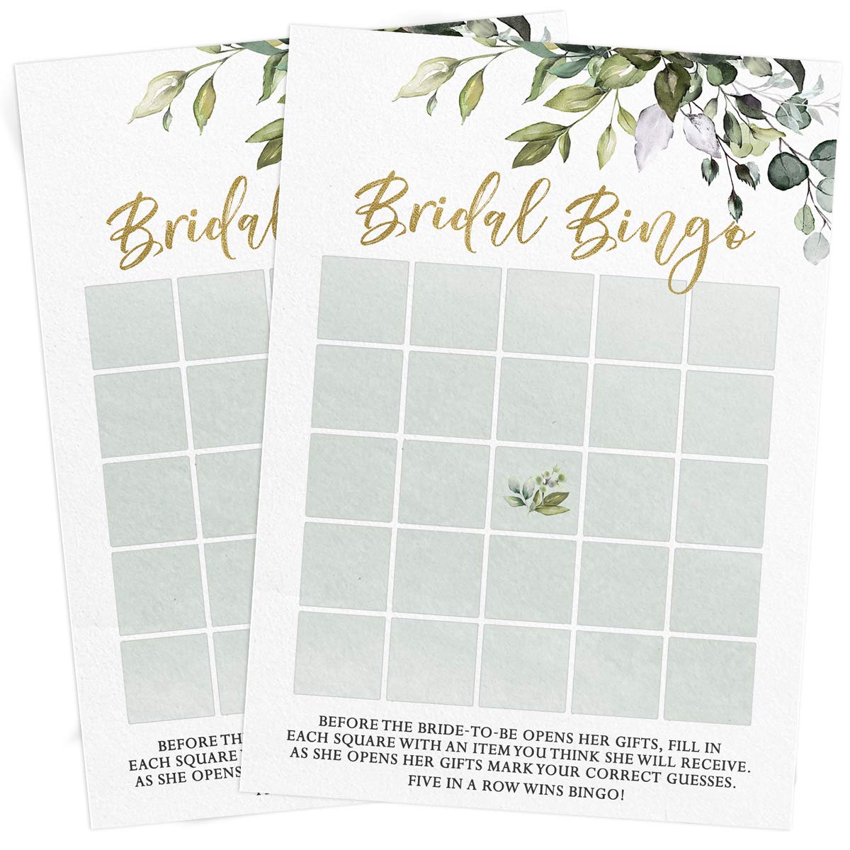 Printed Party Bridal Shower Games – Bingo Game with Blank Squares to Guess The Bride’s Gifts, Fun Wedding Shower Activity, Botanical Eucalyptus Theme, 50 Guests