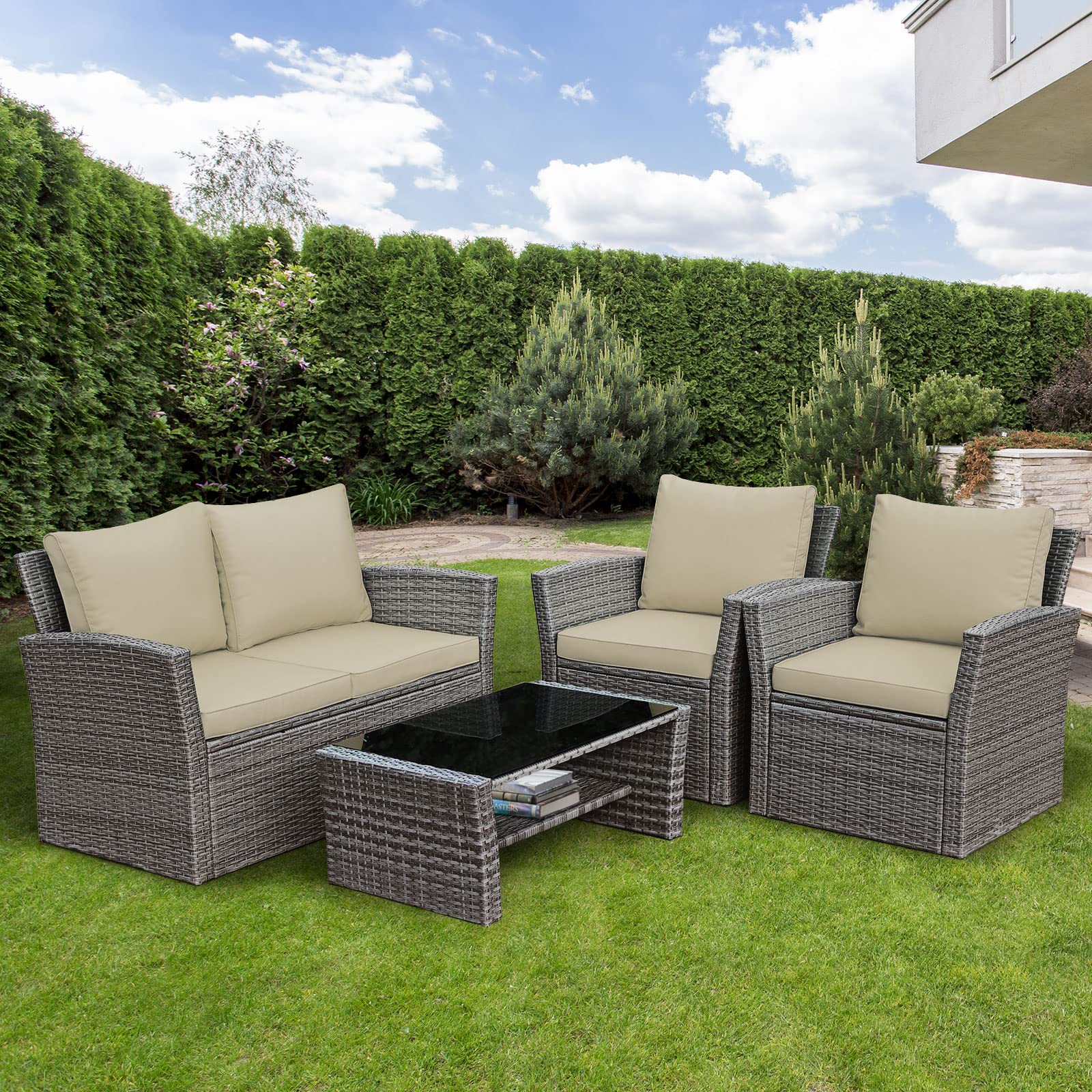 Tangkula 4 Pieces Patio Furniture Set, All Weather Outdoor Sectional Rattan Sofa Set with Cushions & Tempered Glass Table, Wicker Conversation Couch Set for Backyard Garden Poolside