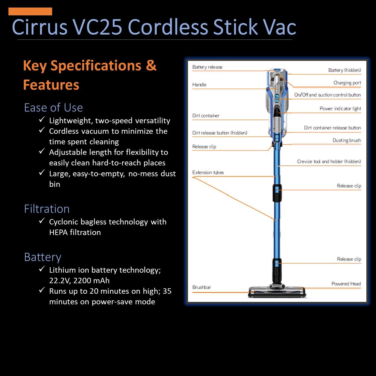 Cirrus VC25 Cordless 4 in 1 Stick & Handheld Vacuum Cleaner | Lightweight, 2 Speed for Carpets and Hard Floors| Includes Integrated Dust Brush, Crevice Tool and Wall Mount Kit