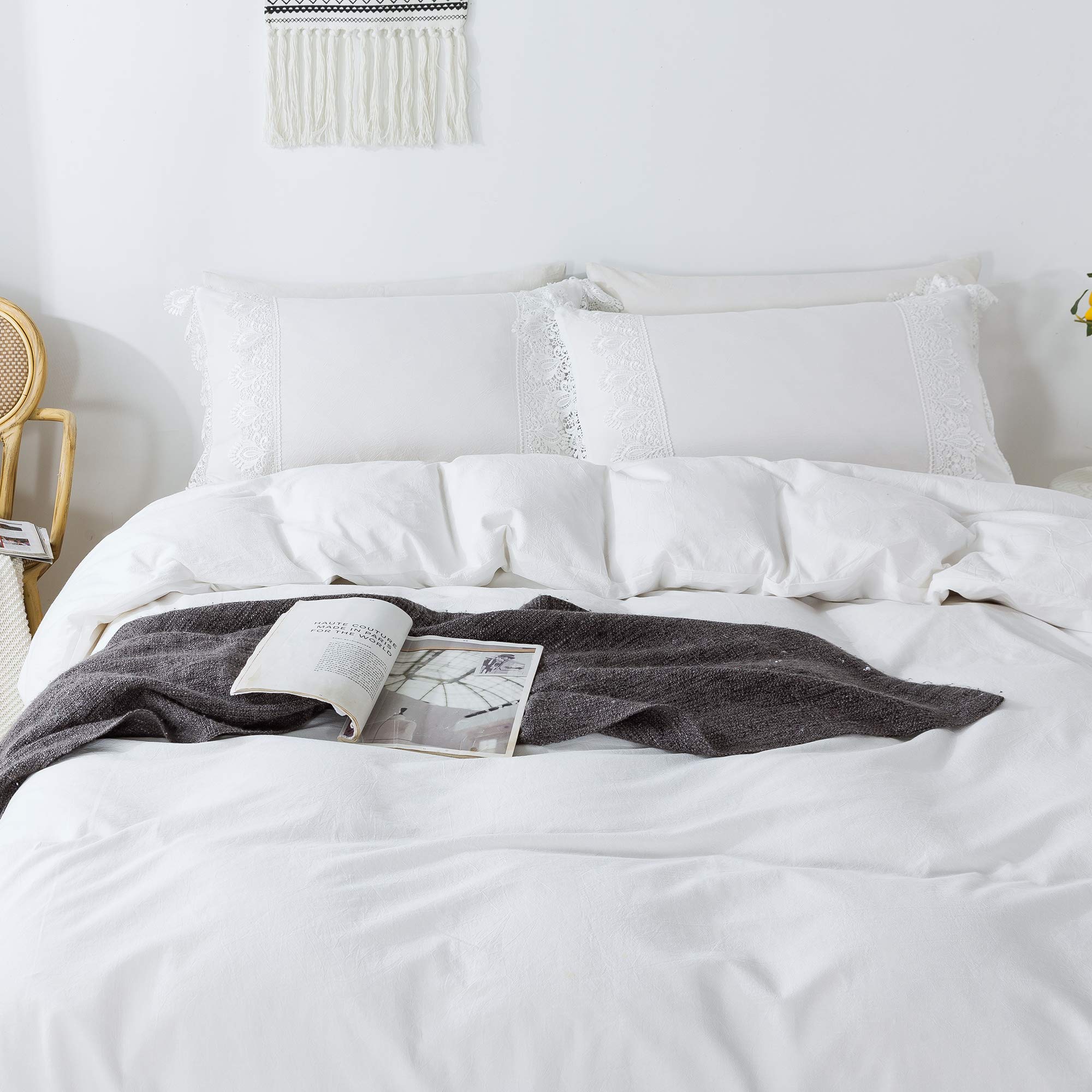Softta Boho King Size White Lace Bedding Collection Ruffled Vintage 3pc Duvet Cover Set 100% Wahed Cotton Princess Grils Bedding Sets