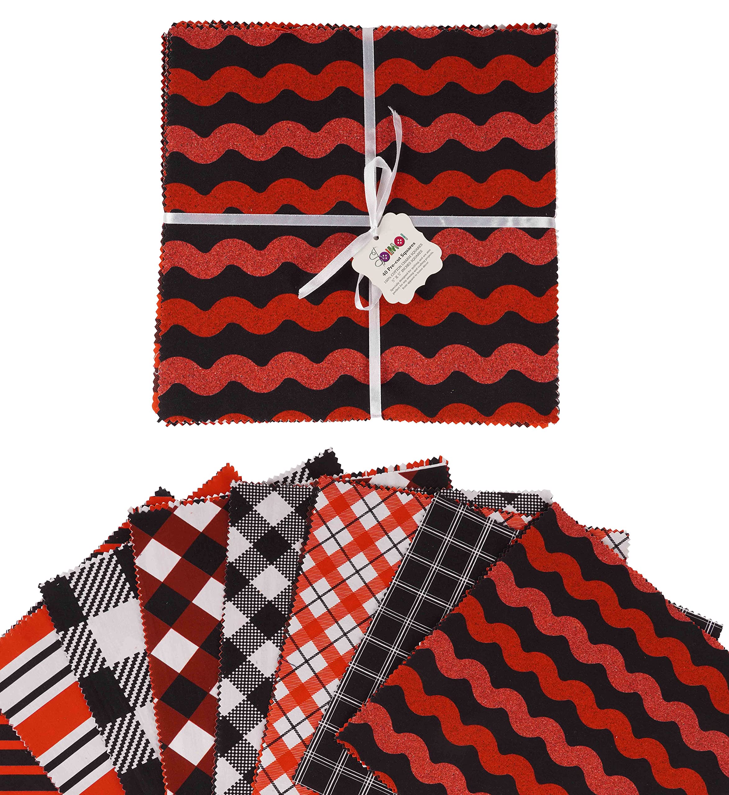 Soimoi Stripes Print Precut 5-inch Cotton Fabric Quilting Squares Charm Pack DIY Patchwork Sewing Craft- Red
