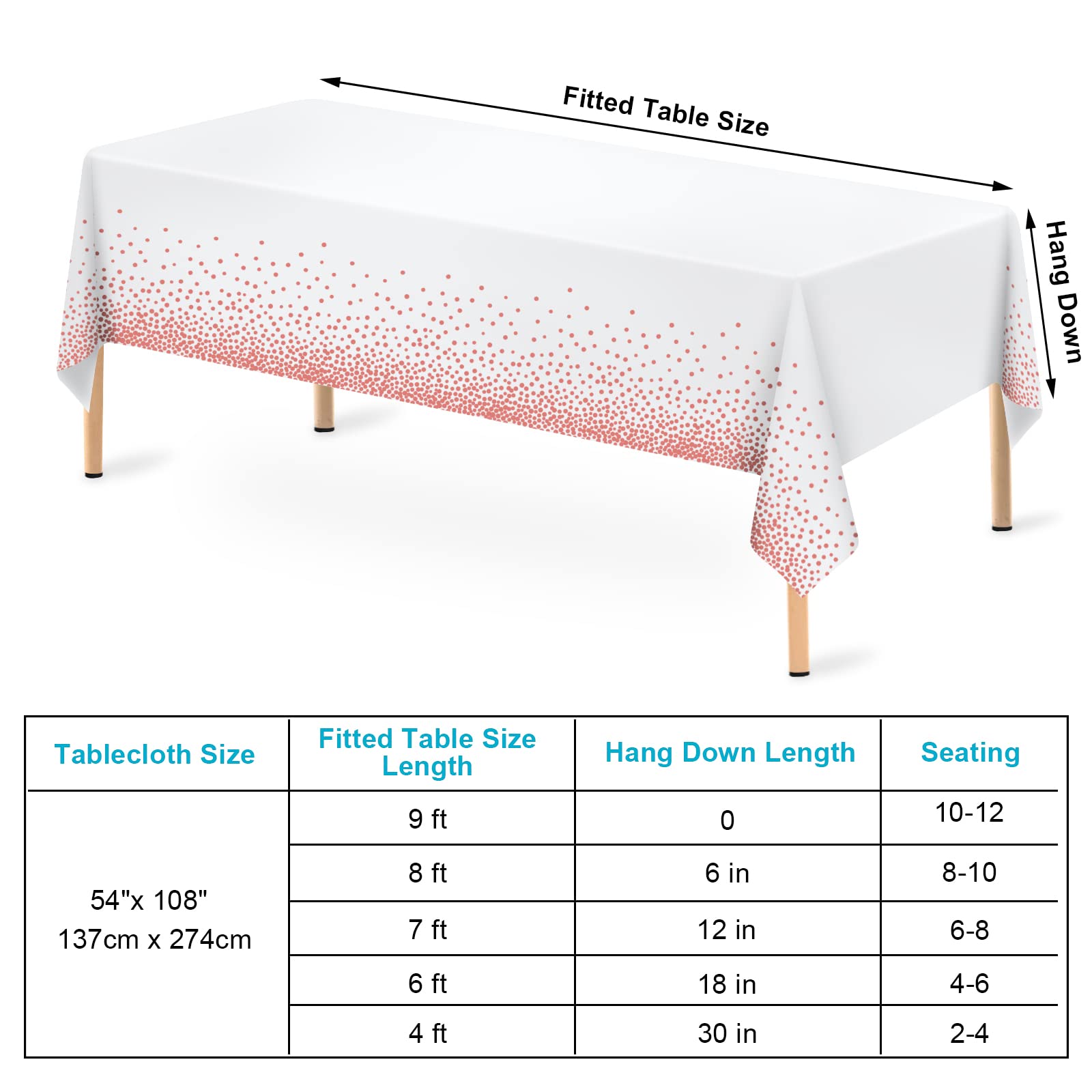 Rose Gold Polka Dot White Tablecloth, 2 Pcs Disposable Plastic Table Cloths, Rose Gold Confetti Table Cover for Birthday Parties Wedding Anniversary Baby Shower Fine Dining Decor 54 × 108 inches